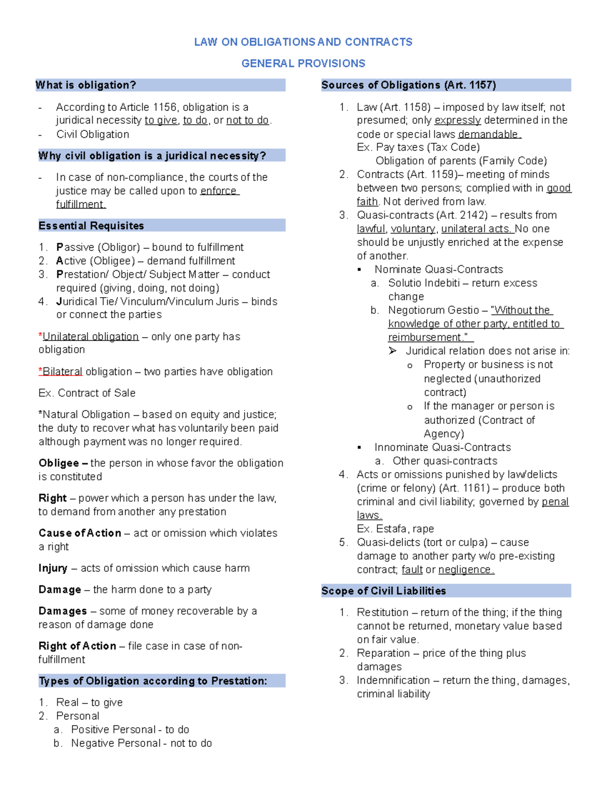 1. Obligation - General Provisions - LAW ON OBLIGATIONS AND CONTRACTS GENERAL PROVISIONS What is ...