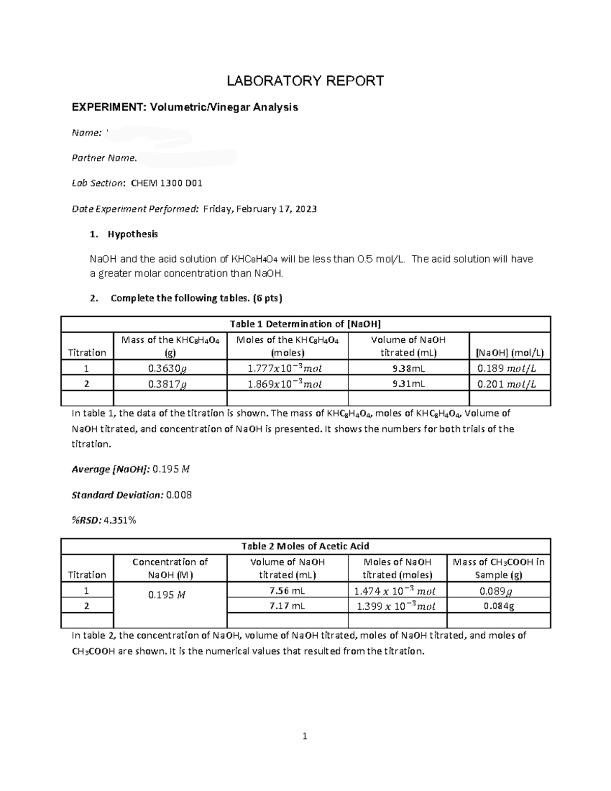 Exp 9/10 Acid Base Lab Report CHEM1300 - LABORATORY REPORT EXPERIMENT ...