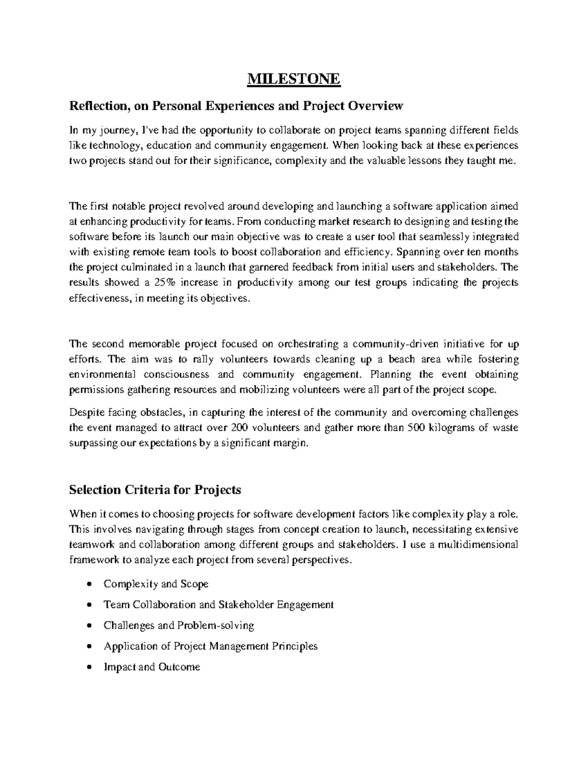 BUS 400 Milestone 1 - MILESTONE Reflection, on Personal Experiences and ...