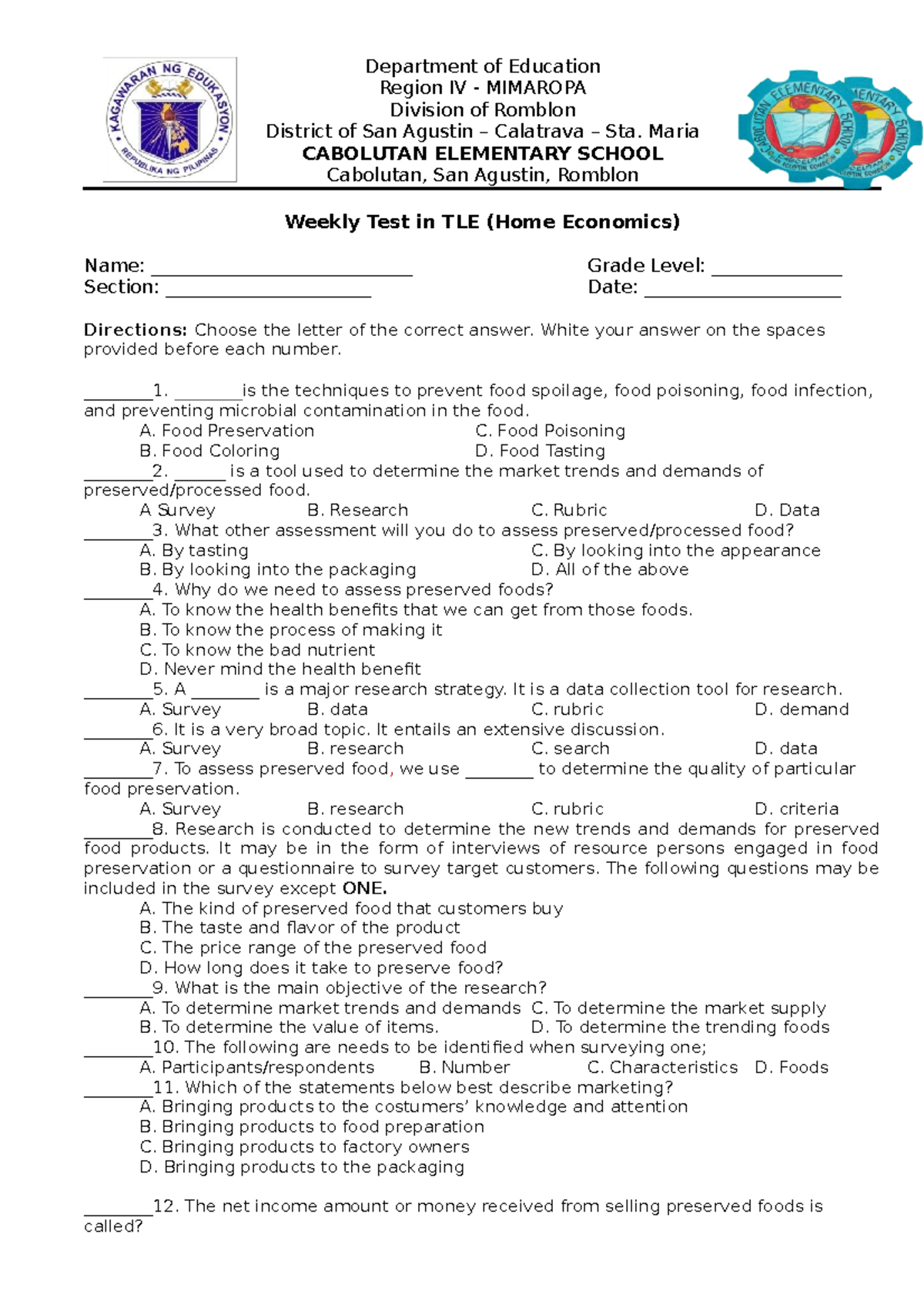 Weekly Test in TLE HE - Quiz - Department of Education Region IV ...