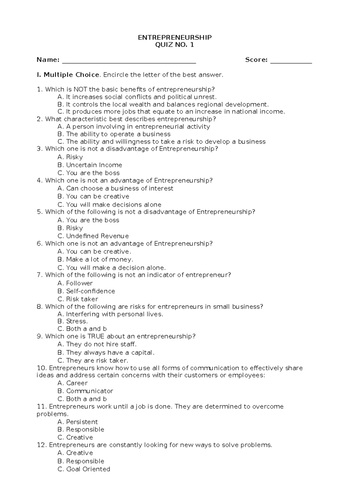 Entrepreneurship QUIZ NO. 1 - ENTREPRENEURSHIP QUIZ NO. 1 Name: - Studocu