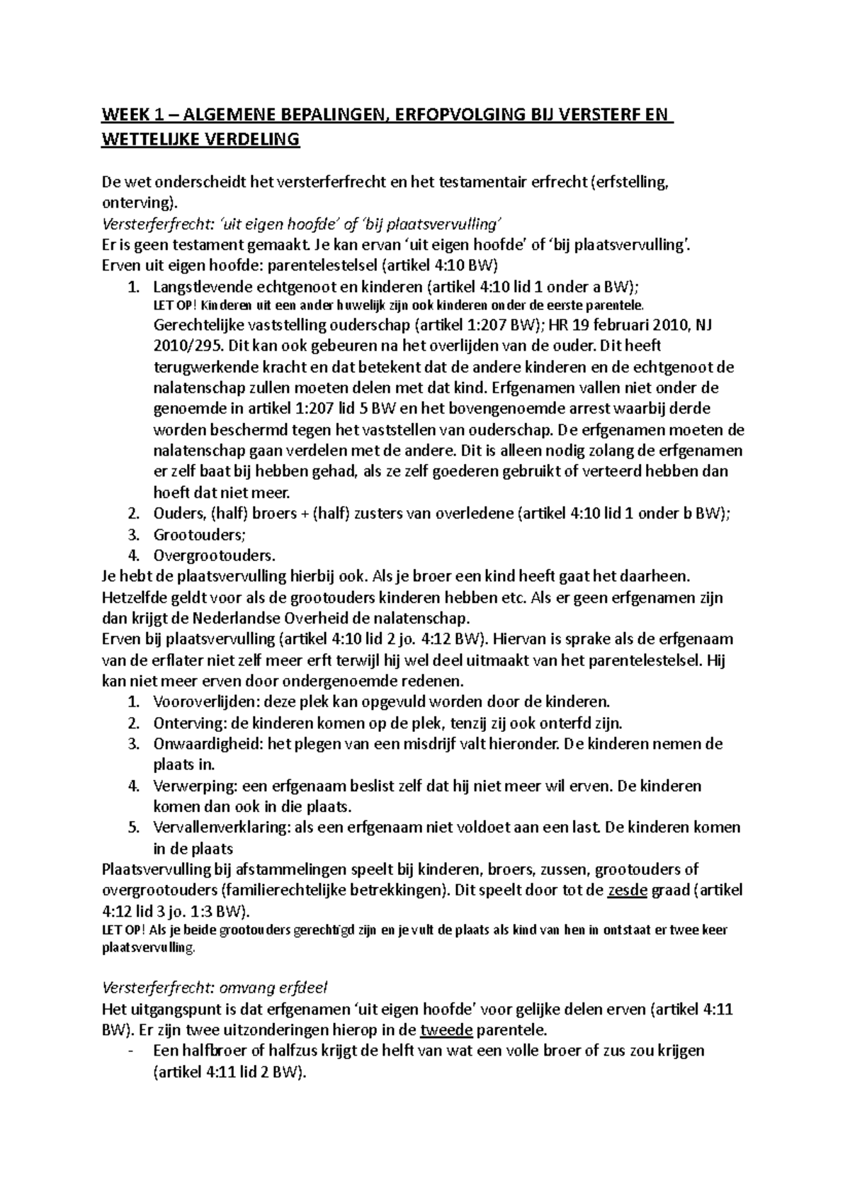 College - Erfrecht - WEEK 1 – ALGEMENE BEPALINGEN, ERFOPVOLGING BIJ ...