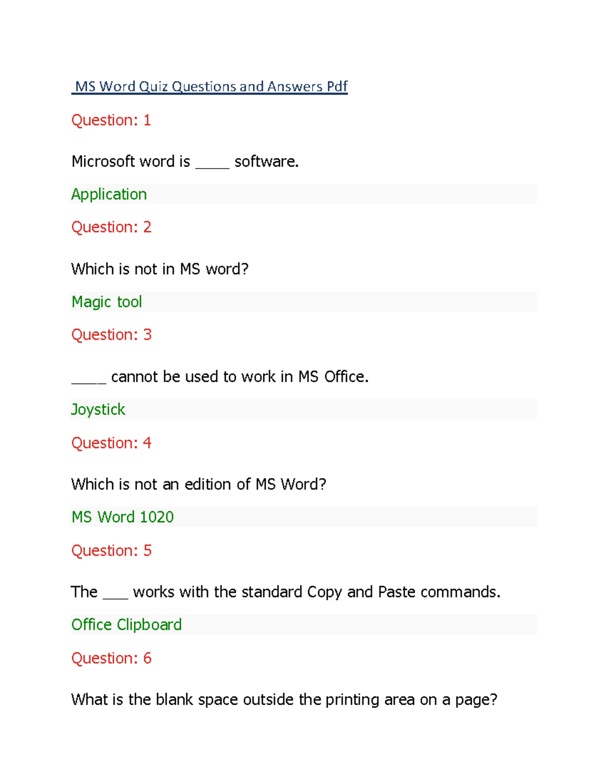 Ms Word Quiz Questions And Answers MS Word Quiz Questions And Answers