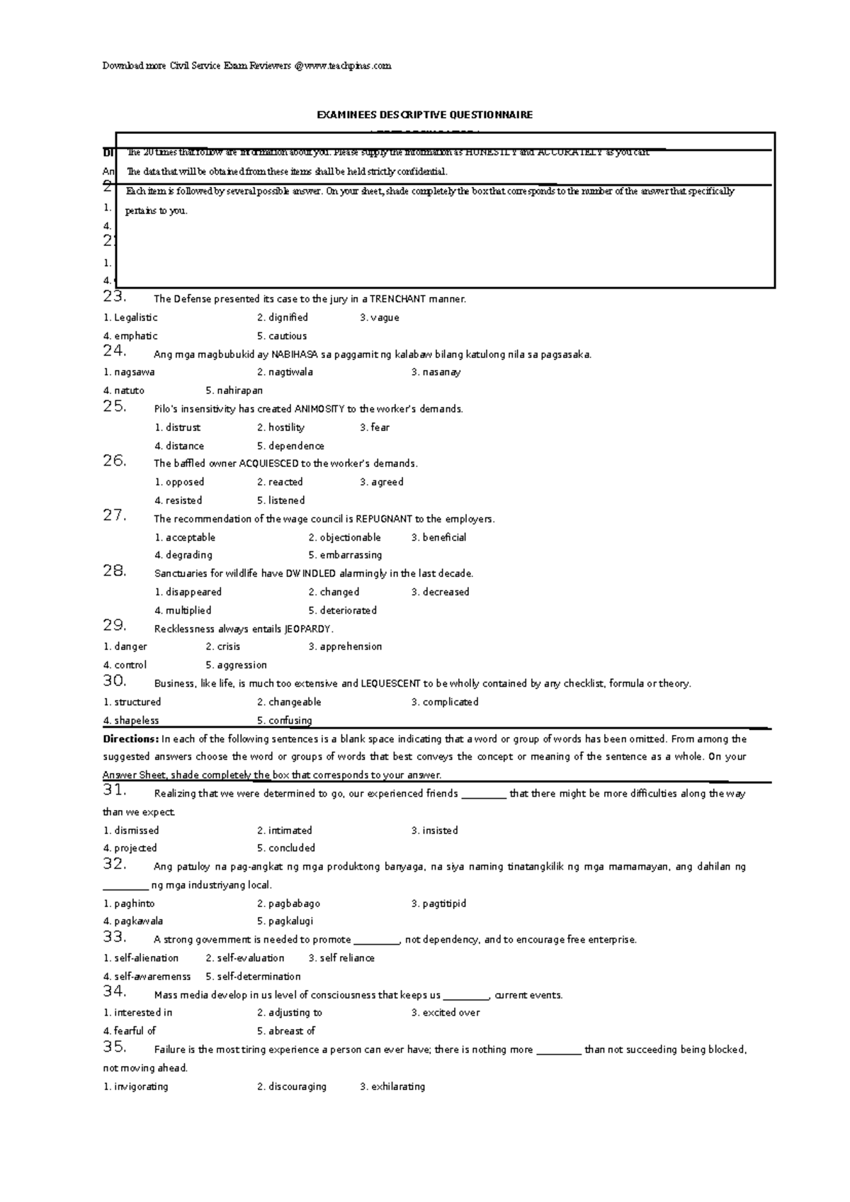 CSC1- CSE Reviewer 21-170 - EXAMINEES DESCRIPTIVE QUESTIONNAIRE * TEST ...