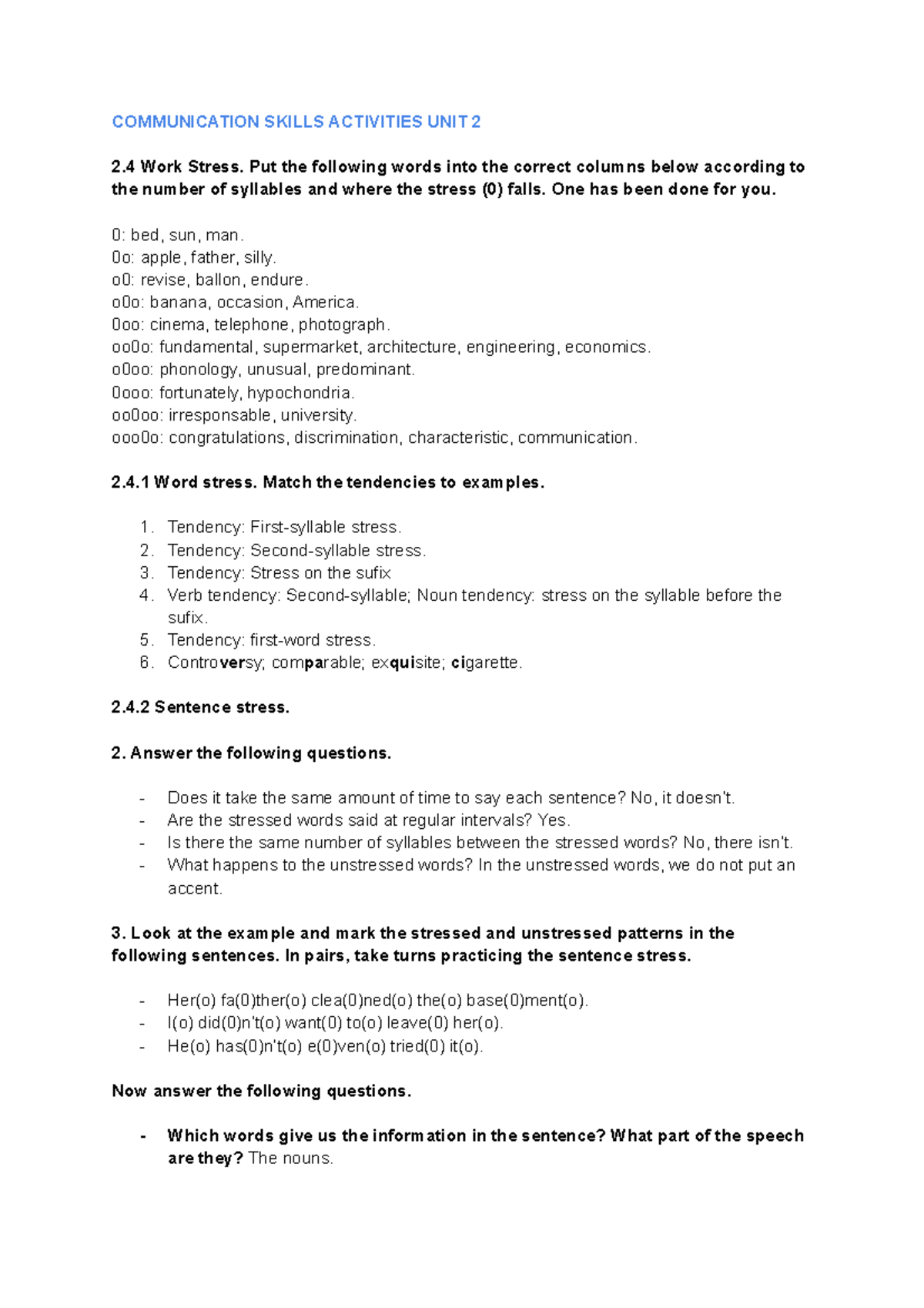 Communication skills activities unit 2 - COMMUNICATION SKILLS ...