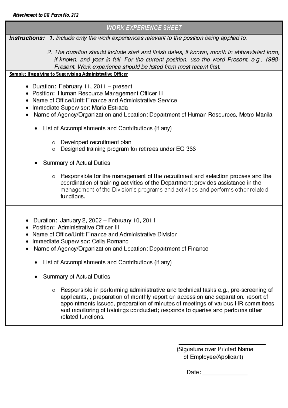 Worksheet experience examples - (Signature over Printed Name of ...