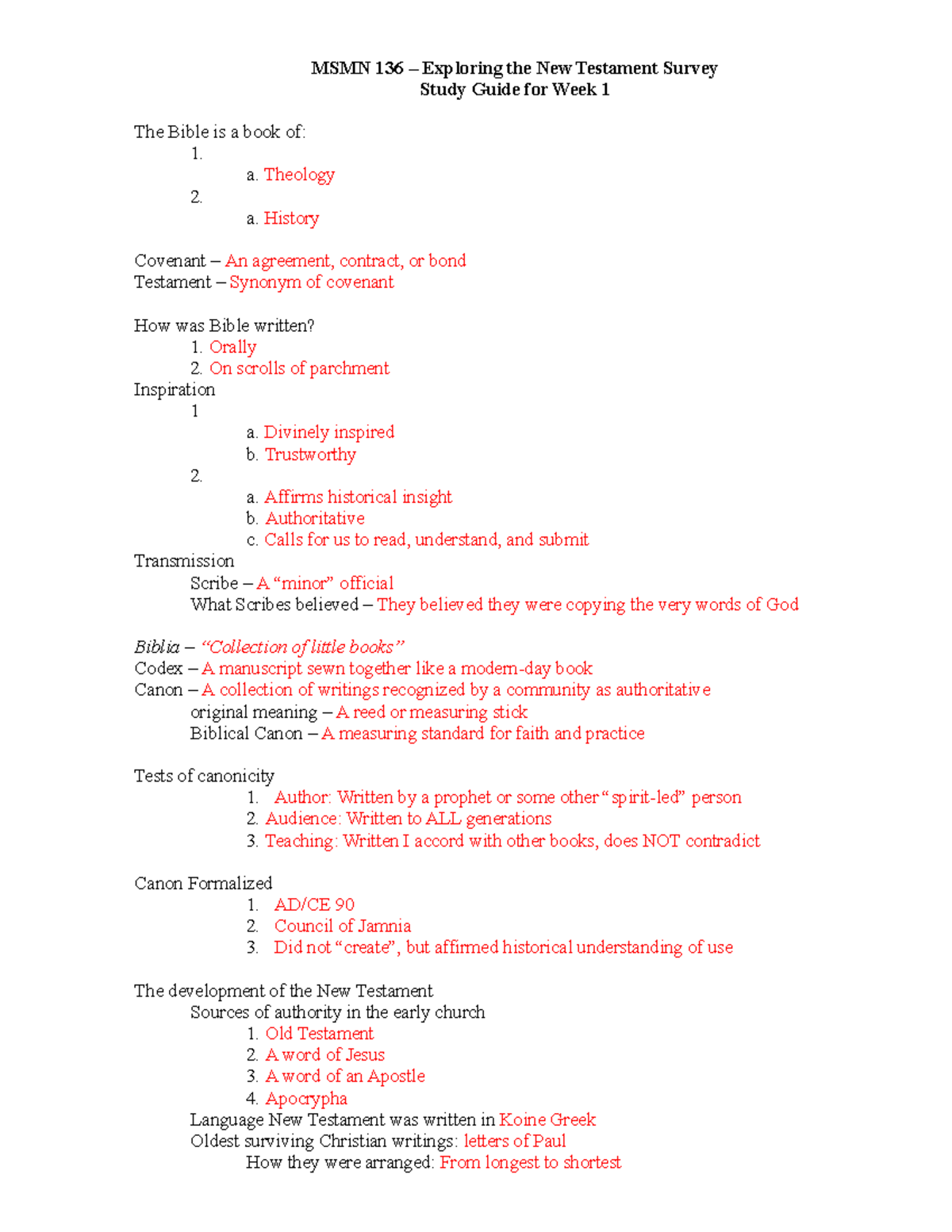NT Week 1 Study Guide - Week 1 Lecture Notes - MSMN 136 – Exploring the ...