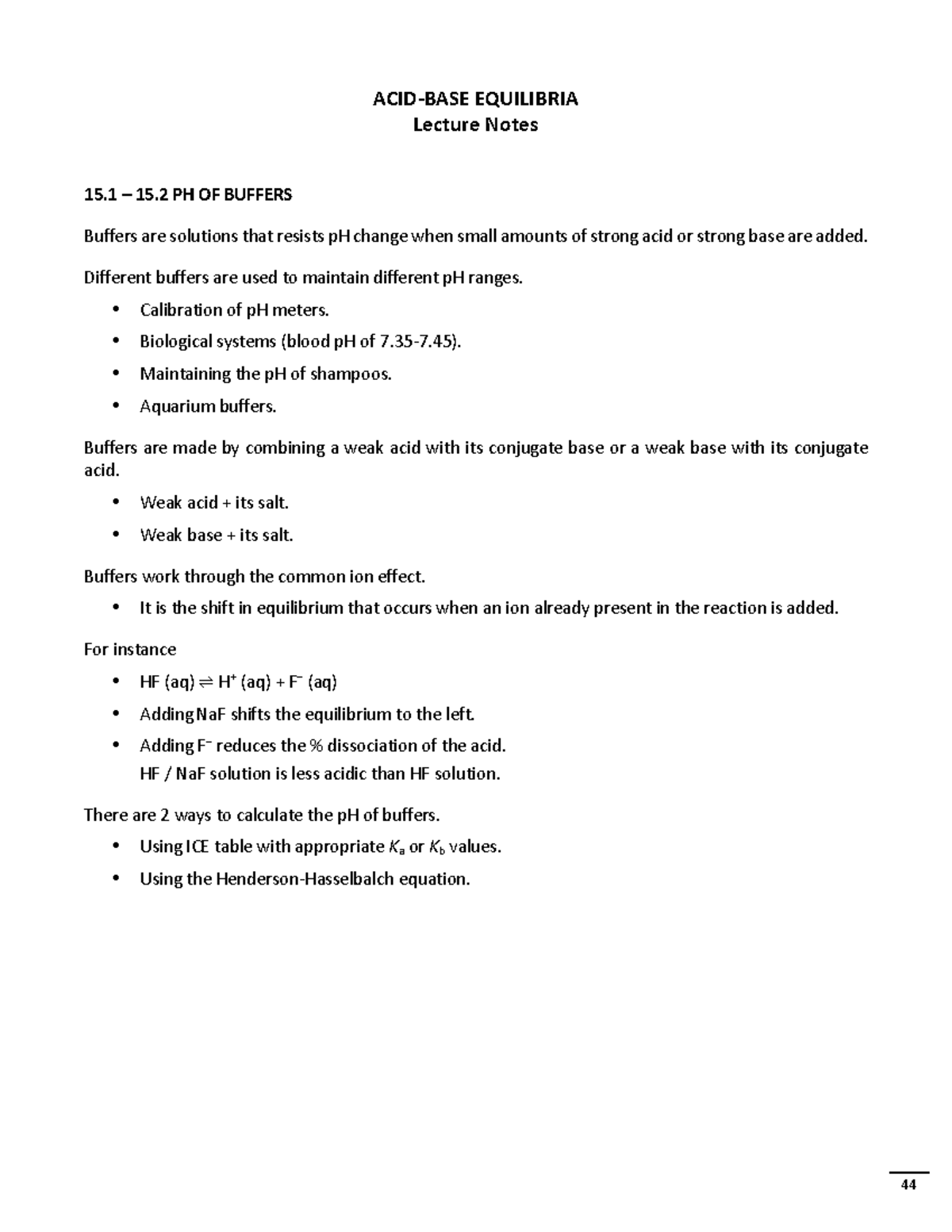 04 Acid-Base Equilibria - ACID-BASE EQUILIBRIA Lecture Notes 15 – 15 PH ...