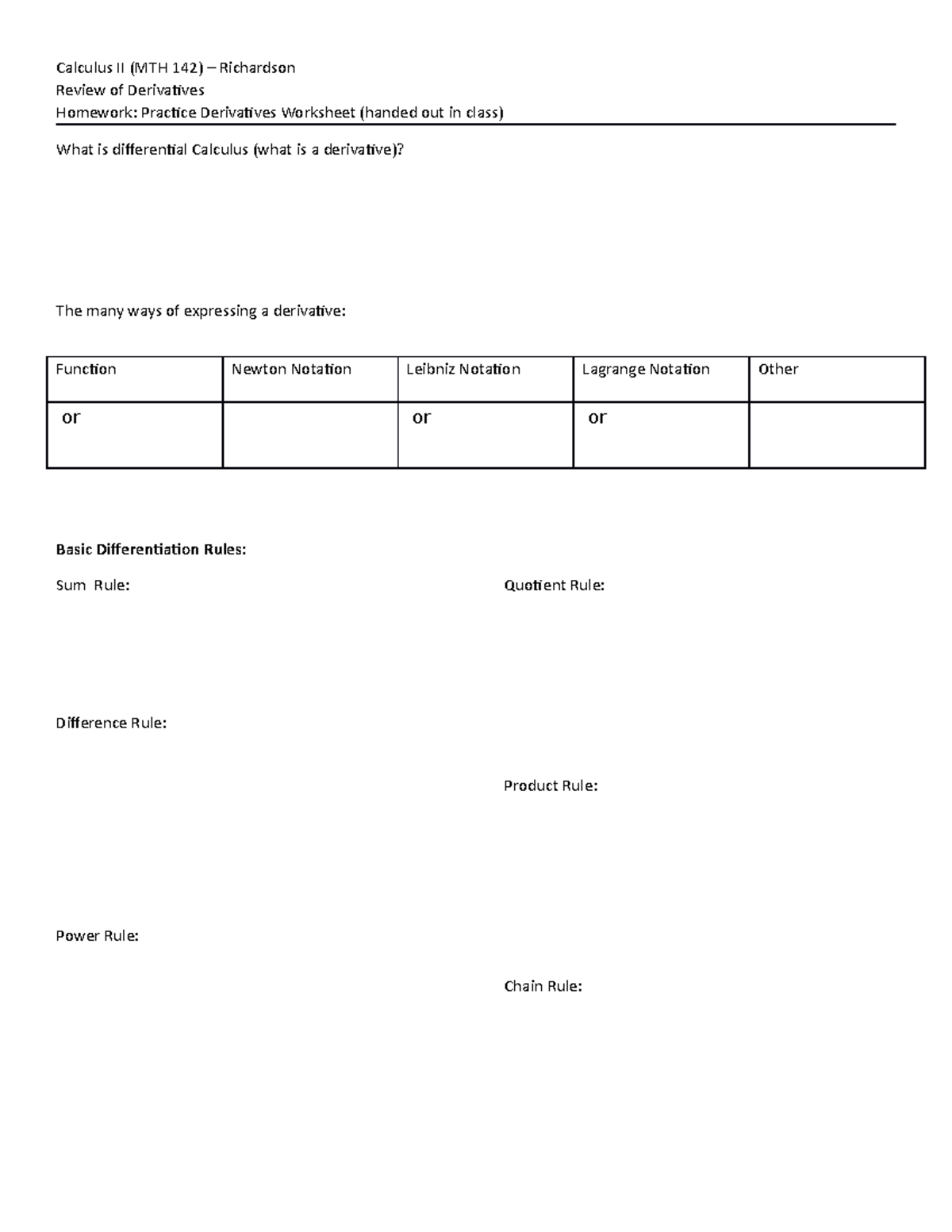 Day 1 - Derivative Review - Calculus II (MTH 142) – Richardson Review ...