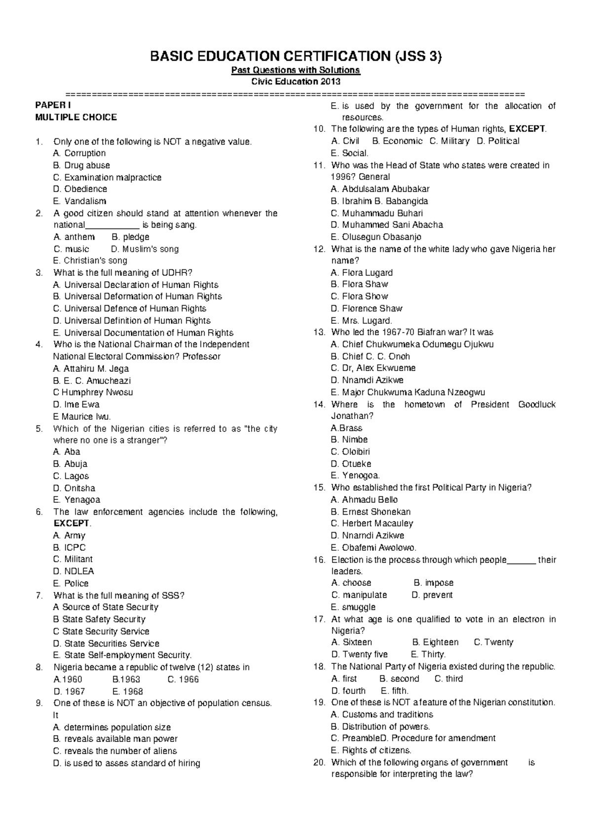 Junior WAEC Past Question - Civic Education (pdf - BASIC EDUCATION ...