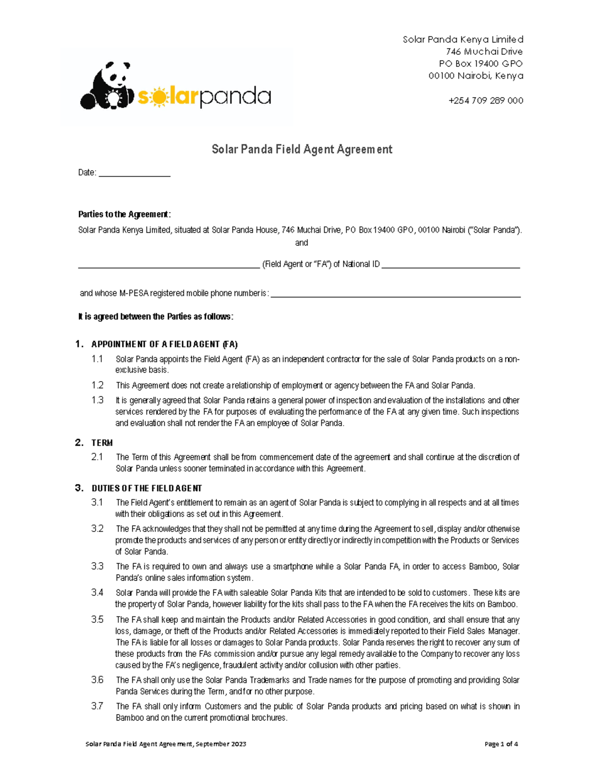 Field Agent Agreement - V6 Sep 2023 - Solar Panda Kenya Limited 746 Muchai Drive PO Box 19400 ...