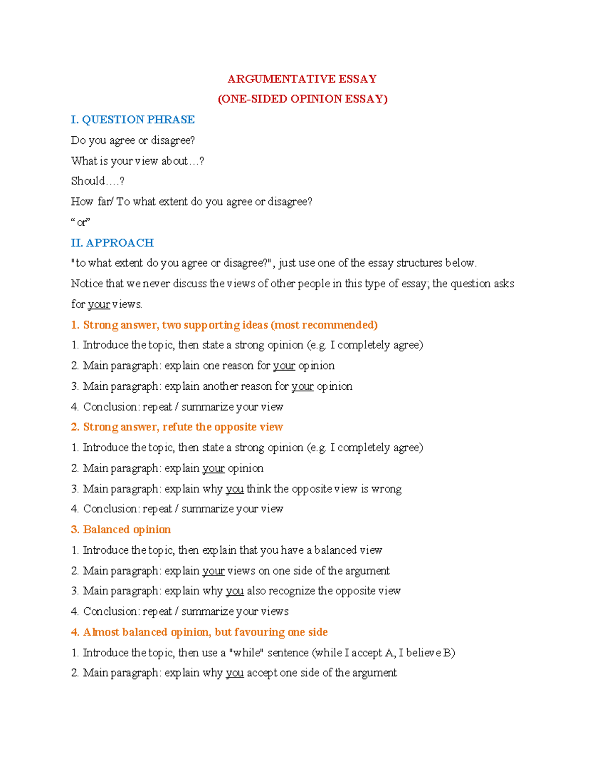 Argumentative (ONE- Sided Opinion) Essay - ARGUMENTATIVE ESSAY (ONE ...