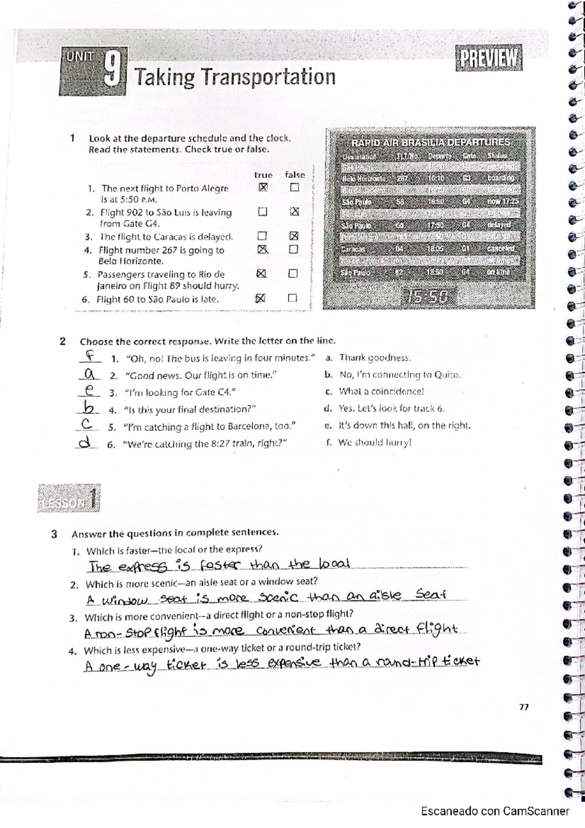 WB 77-79 - Tareas de workbook del ingles - UNIT 9 PREVIEW Taking Transportation 1 Look at the ...