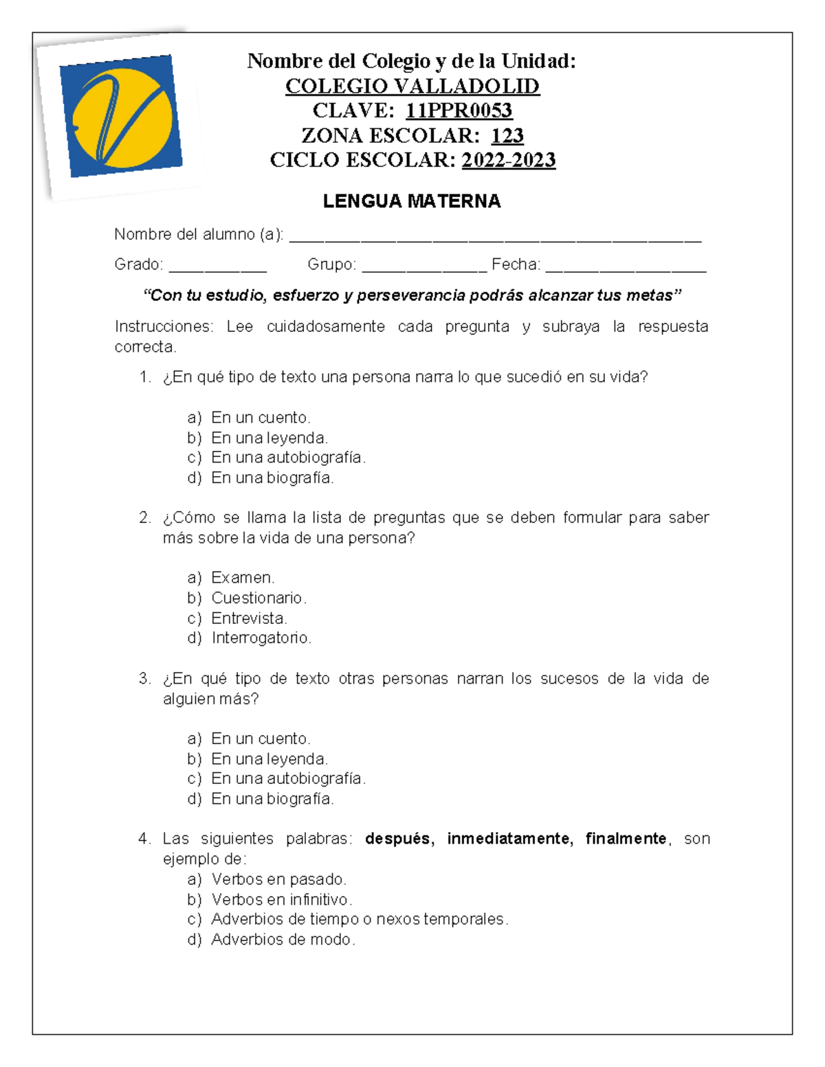 Ejemplo Examen de - Nombre del Colegio y de la Unidad: COLEGIO ...