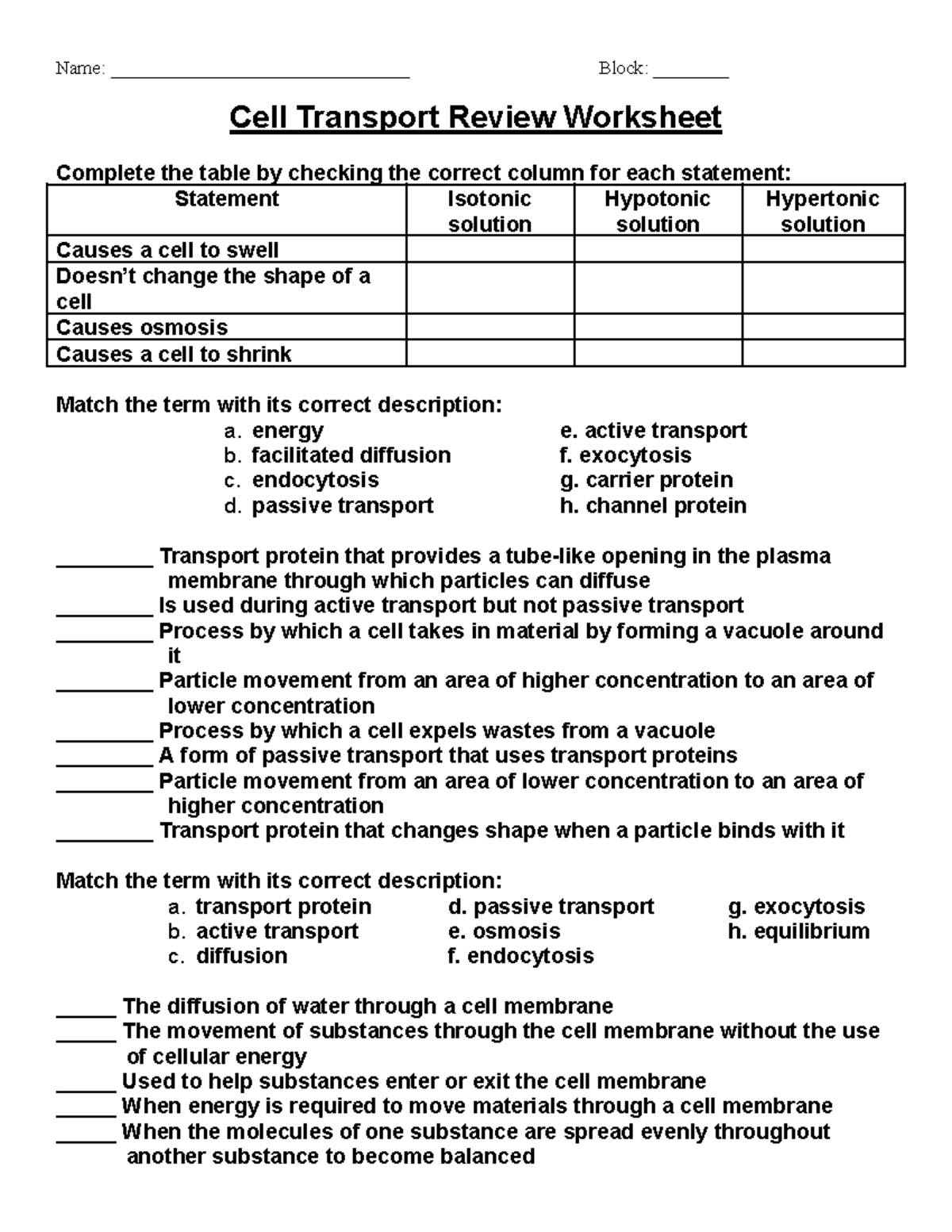 Cell Transport Review Worksheets - Name ...
