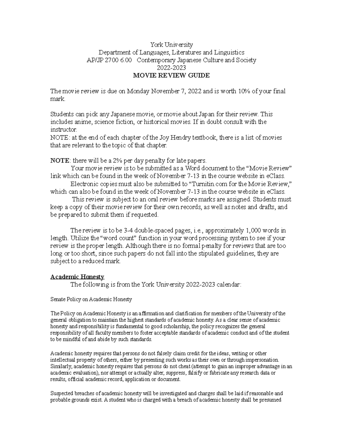 Movie Review Guideline-2022-2023 - York University Department of ...