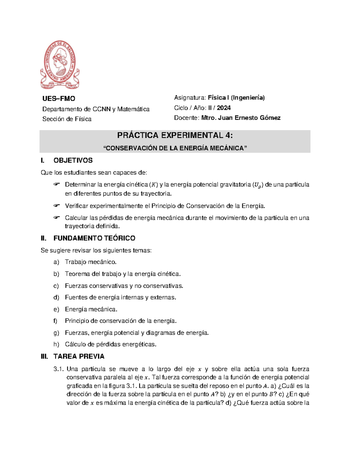 Pr-ctica experimental 4 - Conservaci-n de la energ-a - UES−FMO Departamento de CCNN y Matemática ...