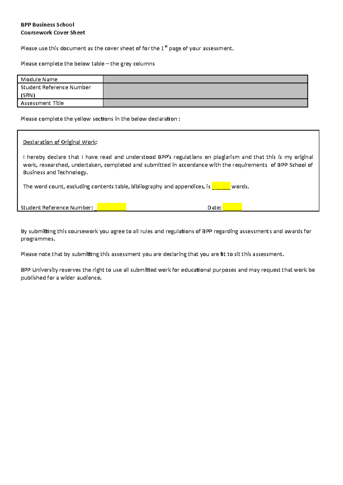Assessment Cover Sheet - BPP - Studocu