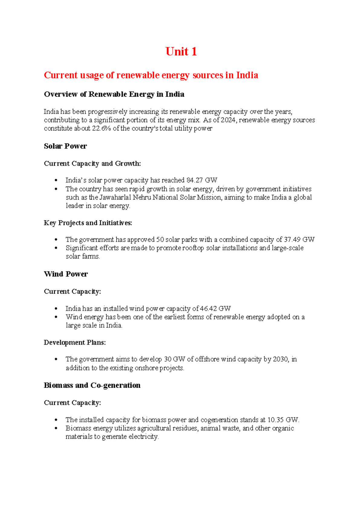Unit 1 - RENEWABLE ENERGY NOTES - Unit 1 Current usage of renewable ...