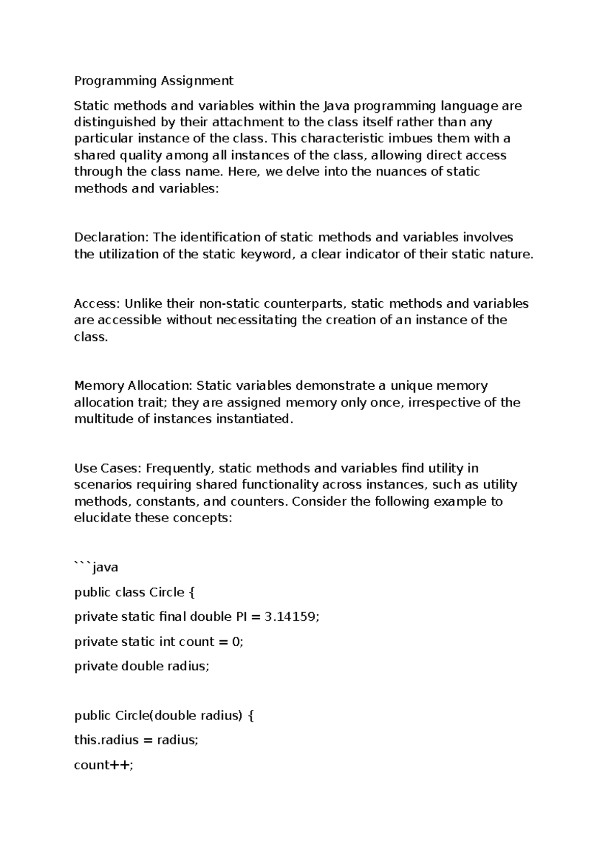 Document - This was a group discussion. - Programming Assignment Static methods and variables ...