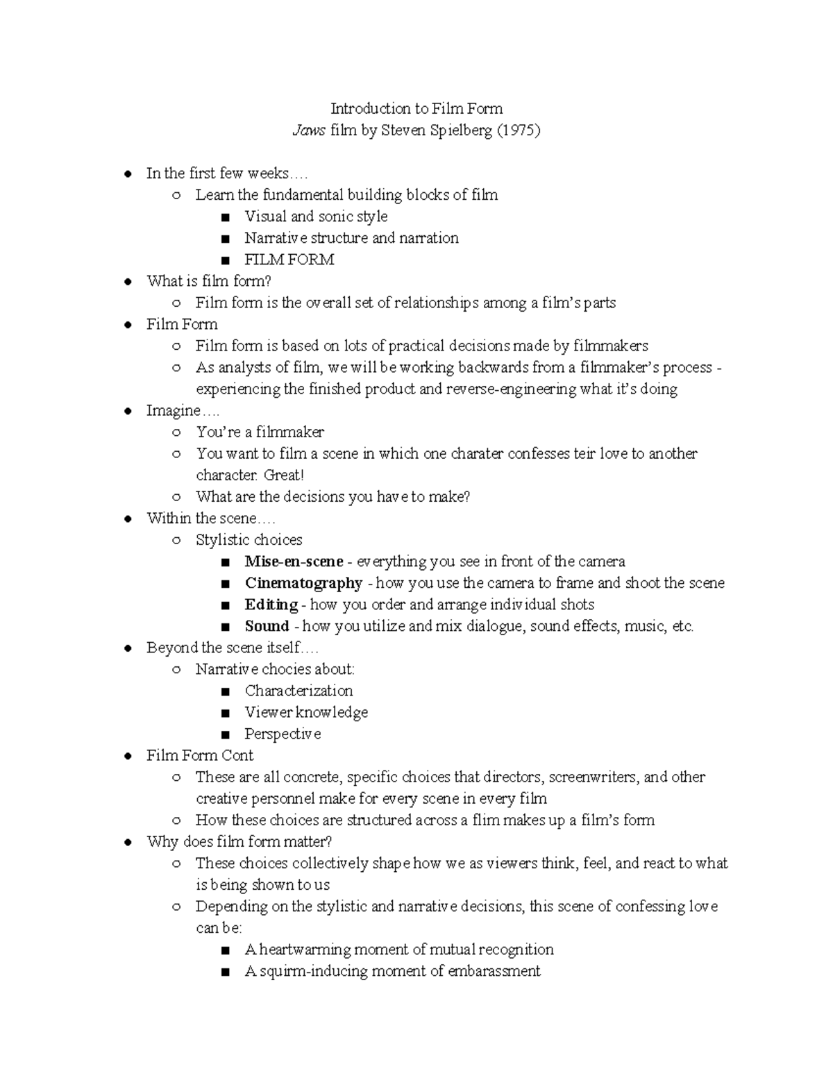 FILM 114 Lecture 1 Notes - Introduction to Film Form Jaws film by ...