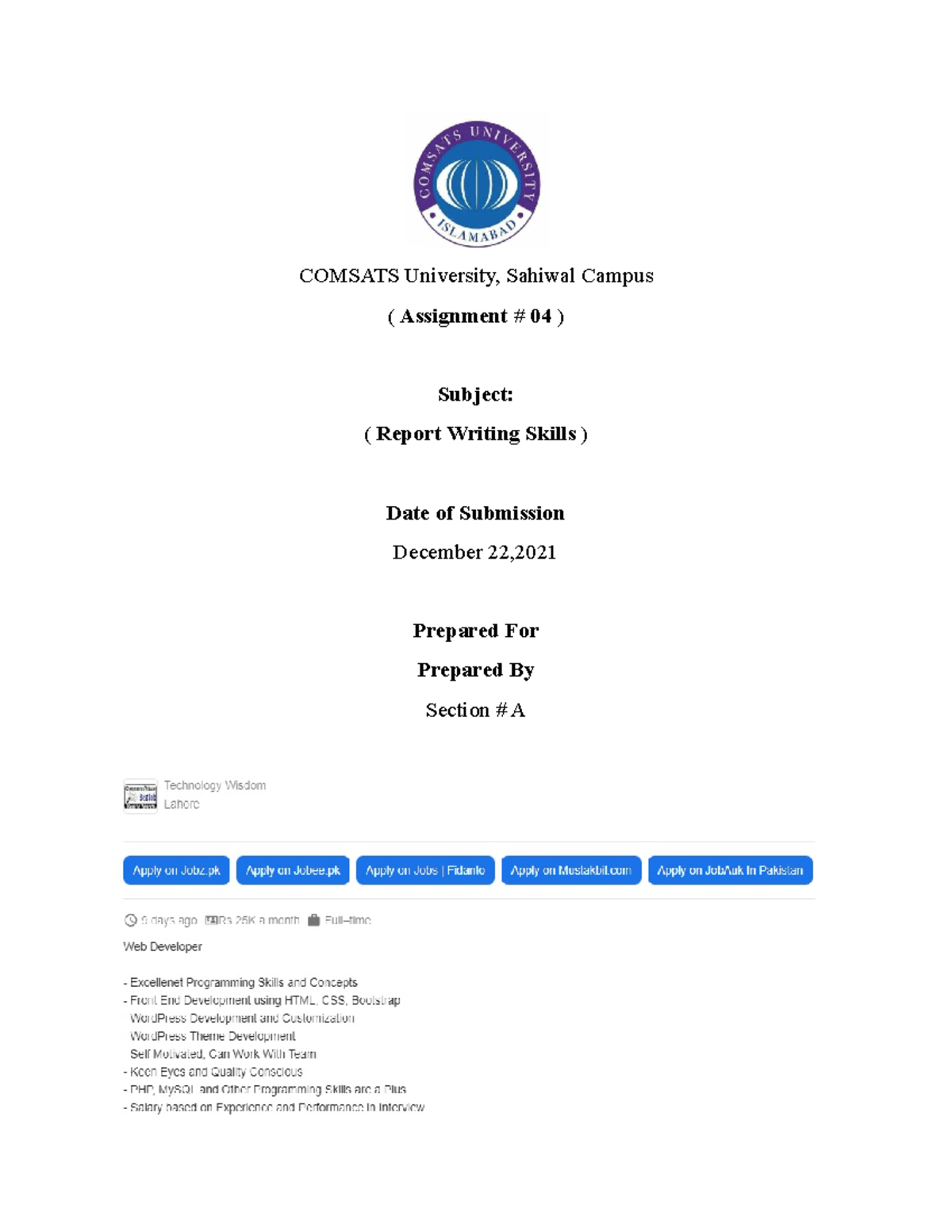 Report Writing Skills Assignment # 04 - COMSATS University, Sahiwal ...