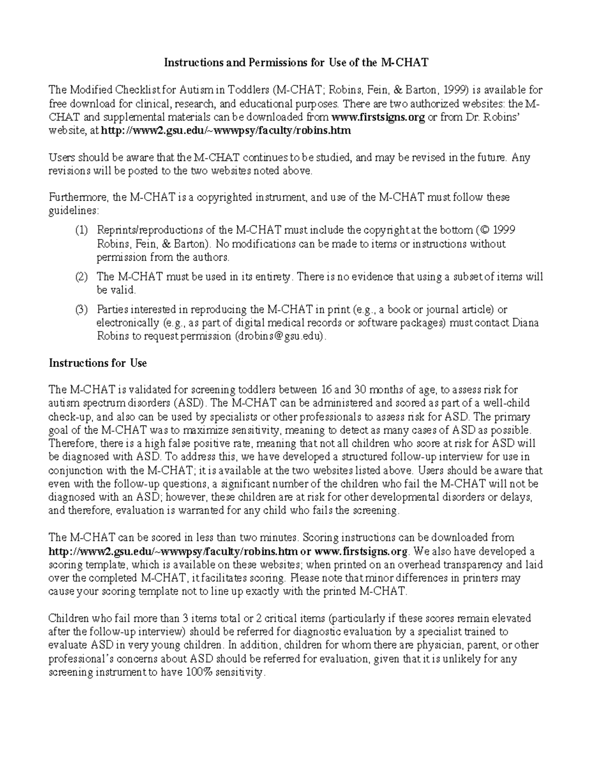 M-CHAT-handouts - Instructions and Permissions for Use of the M-CHAT ...