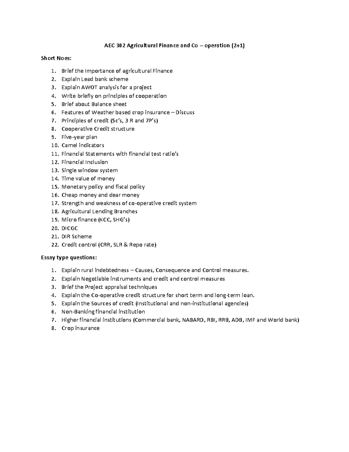 AEC 302 Final theory important questions - AEC 302 Agricultural Finance ...