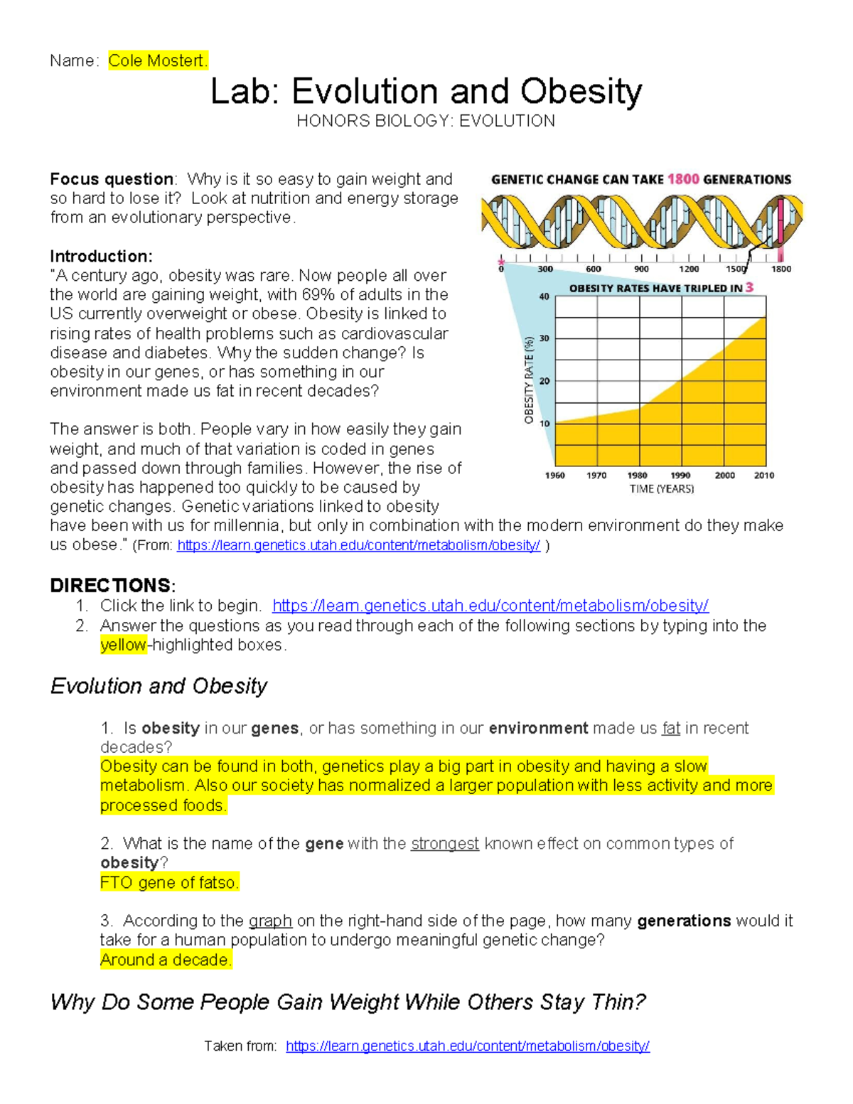 8 lab Evolution and Obesity google 2021-1 - Name: Cole Mostert. Lab ...