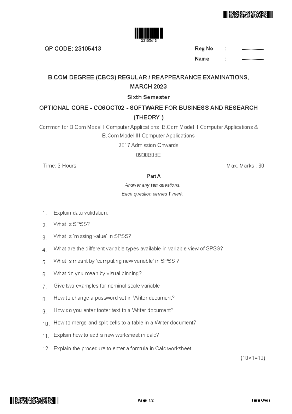 SPSS March 2023 - Sample question for SPSS exam - QP CODE: 23105413 Reg ...