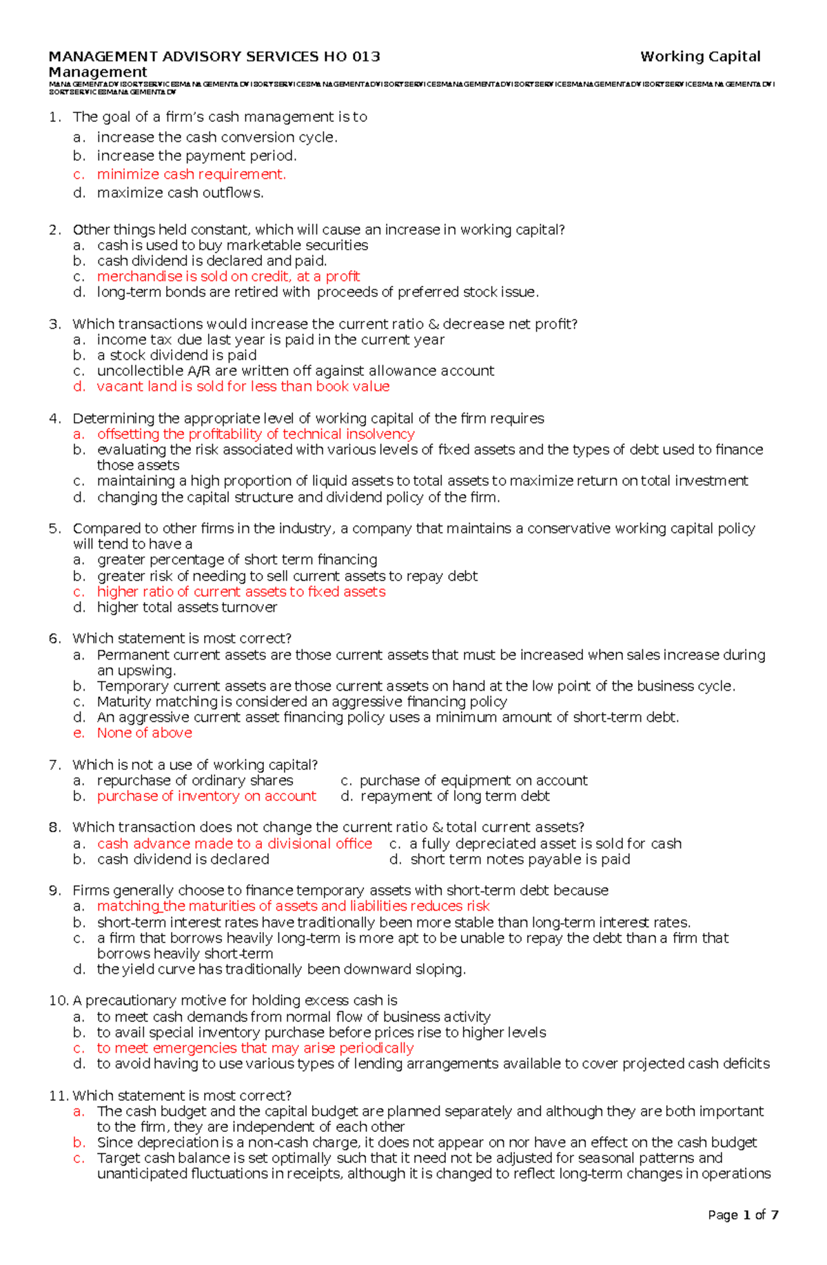 Working Capital Management - MANAGEMENT ADVISORY SERVICES HO 013 Working Capital Management ...