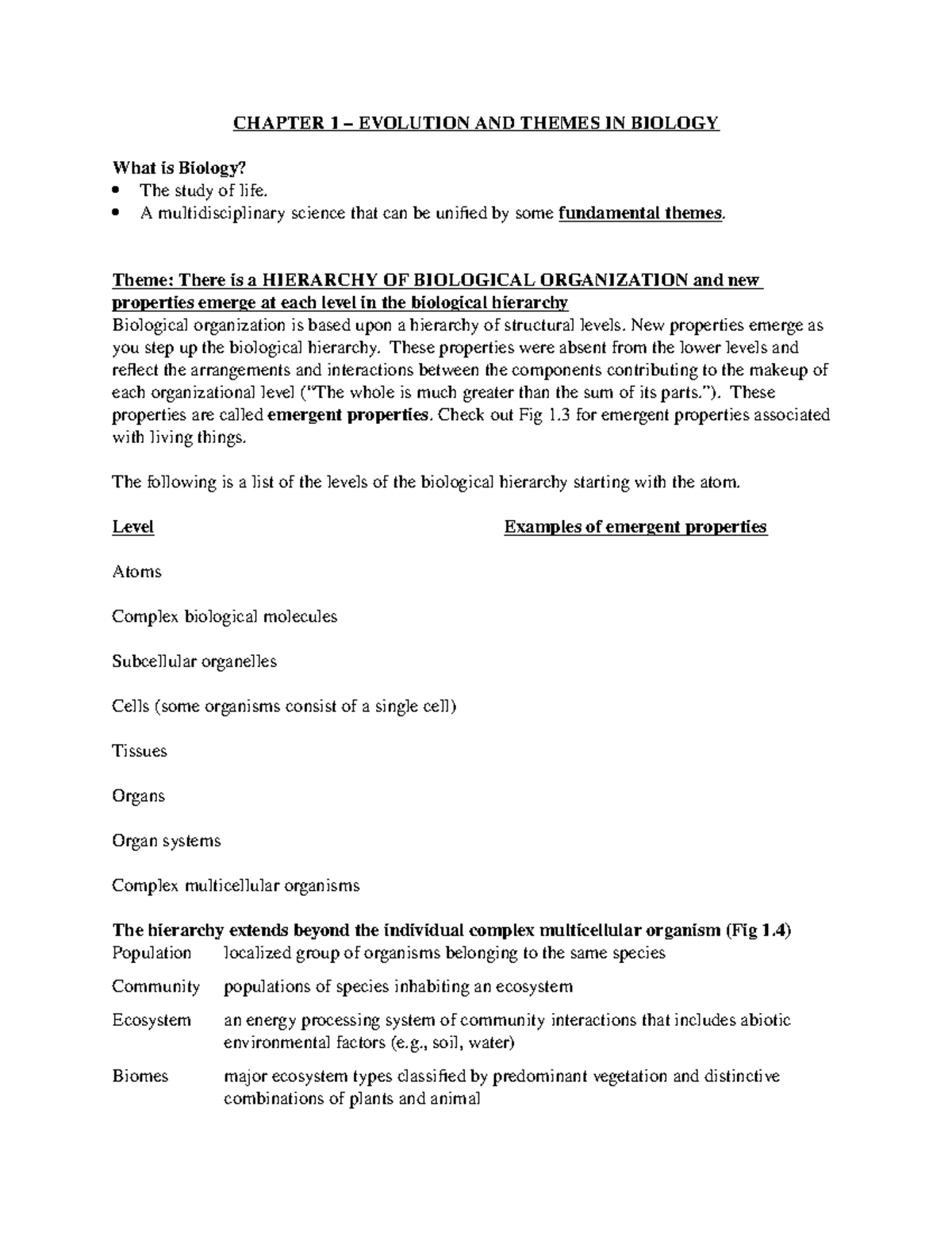 Chap 1 Notes Intro To Biology CHAPTER 1 EVOLUTION AND THEMES IN