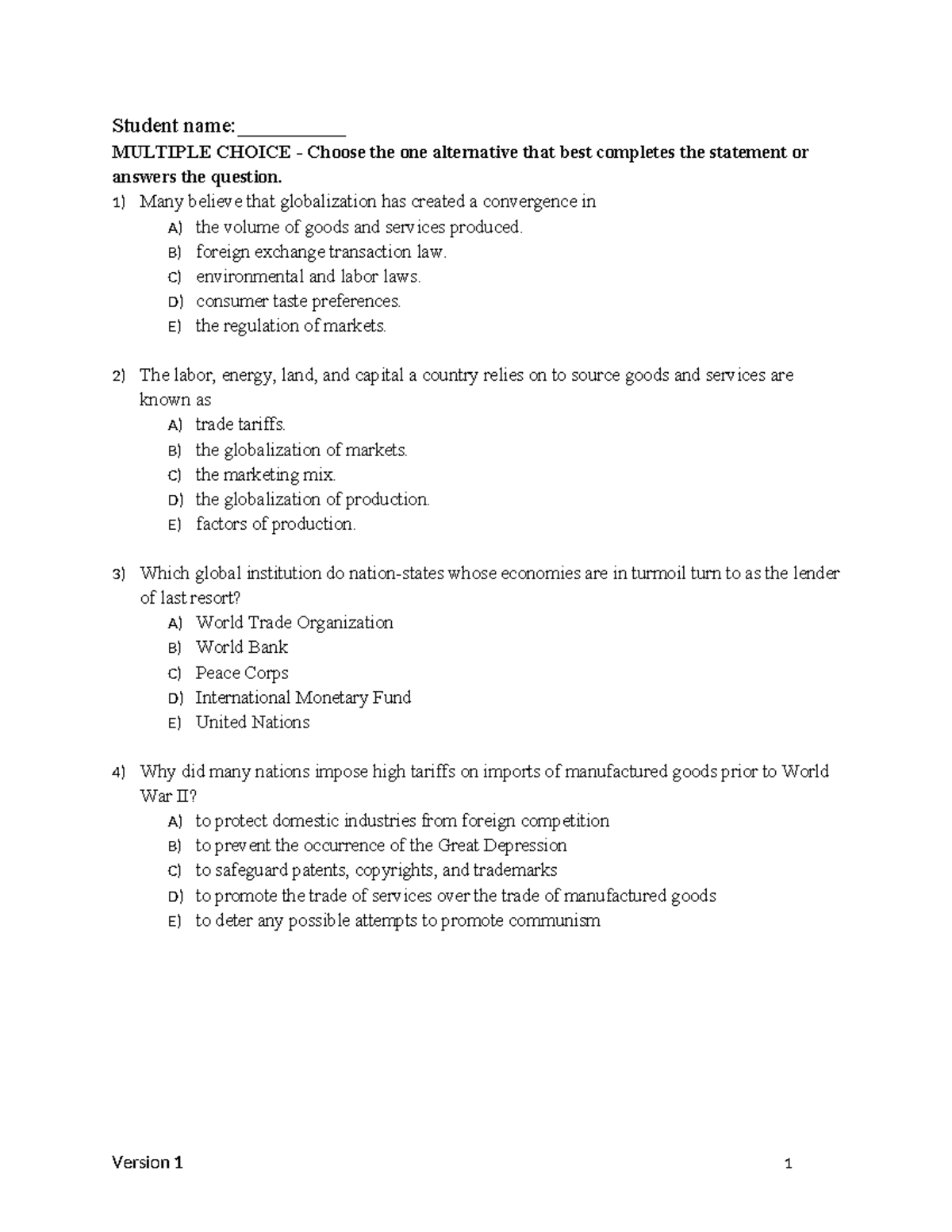 Test 1 practice w answers version 1 (1) - Student name ...