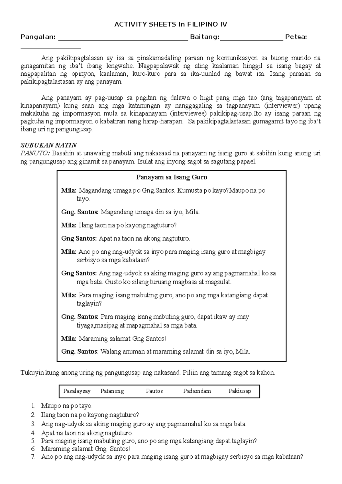 Activity Sheets In Filipino IV - ACTIVITY SHEETS In FILIPINO IV Pangalan: - Studocu