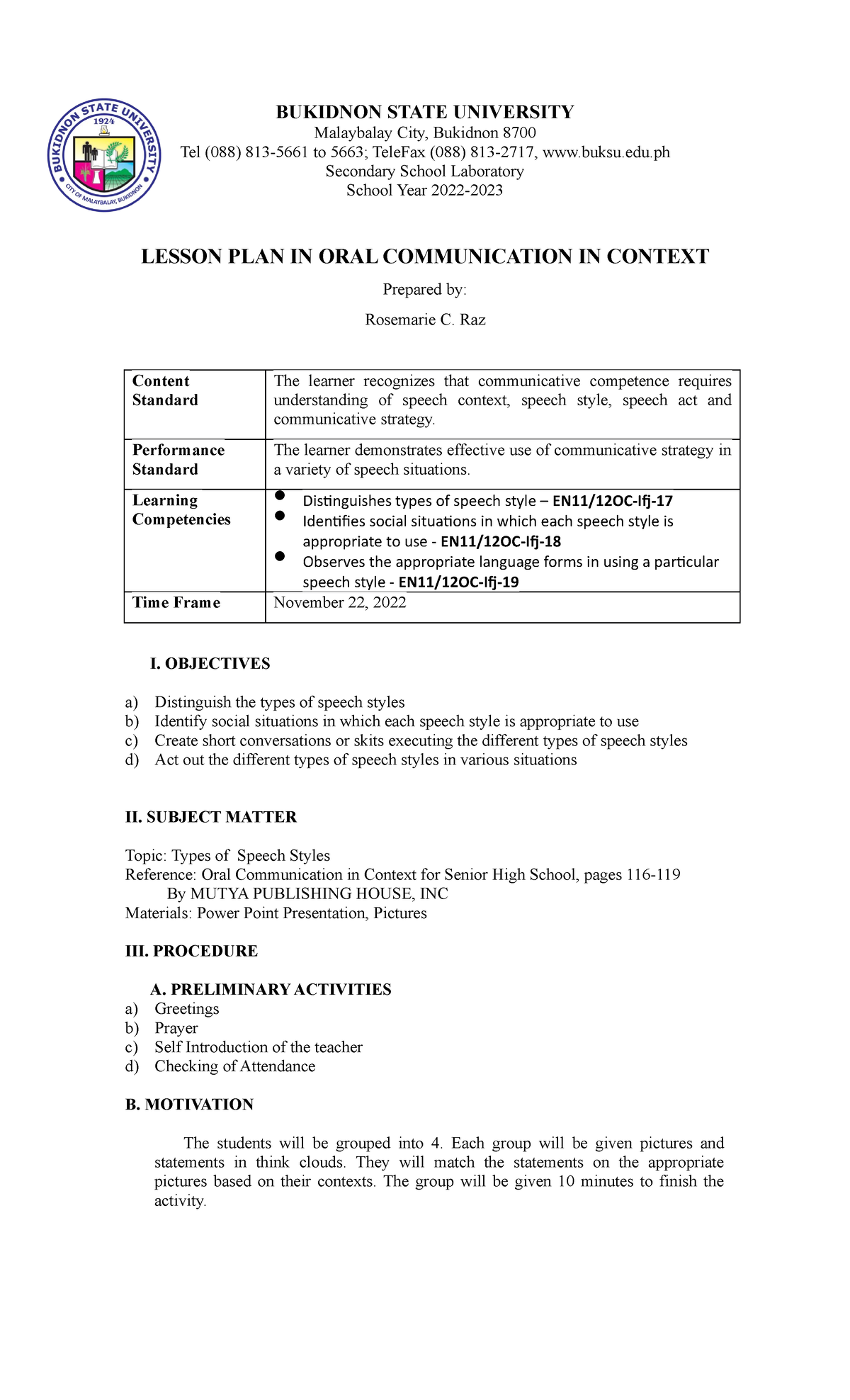 RAZ, Lesson Plan in Oral Communication - BUKIDNON STATE UNIVERSITY ...