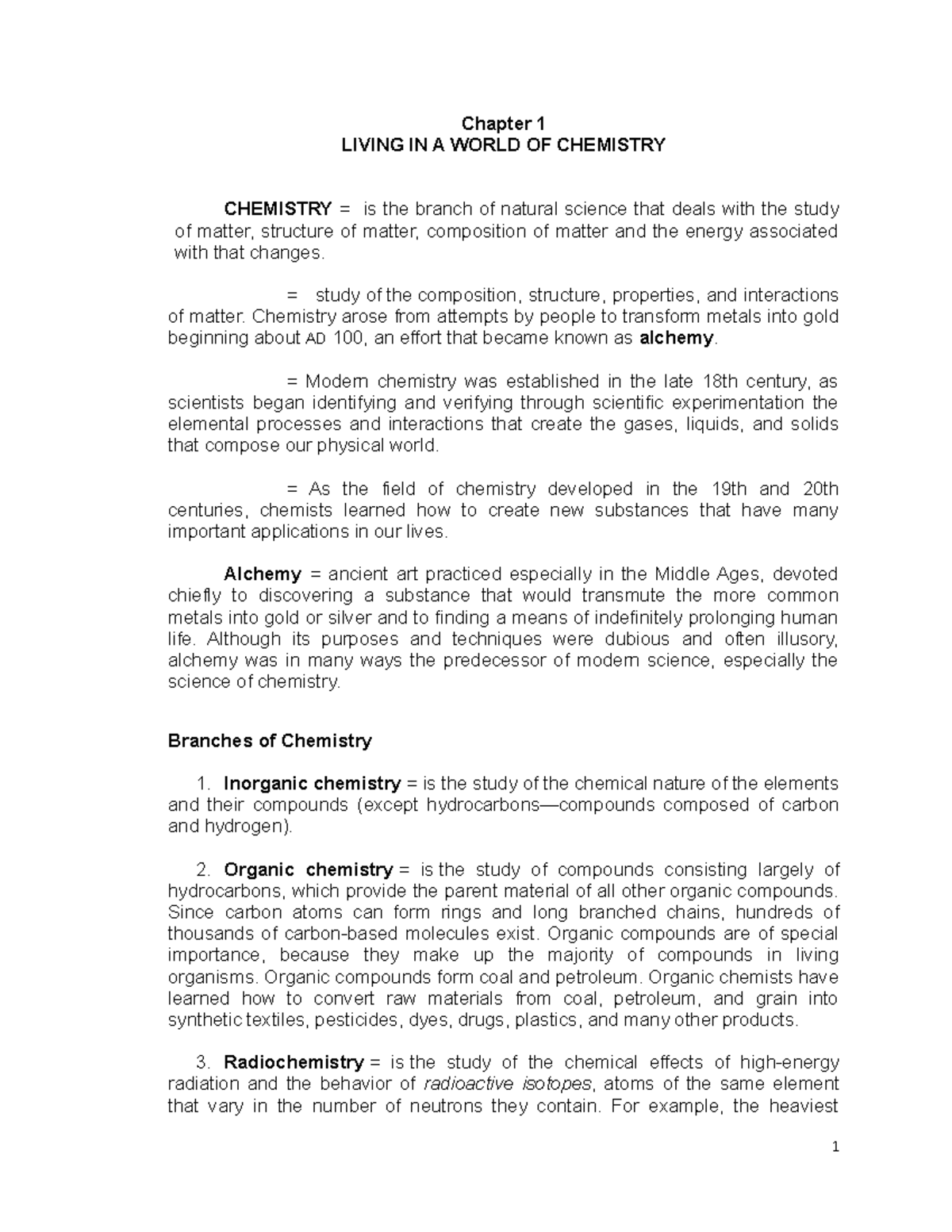 Chemistry lecture notes new2 - Chapter 1 LIVING IN A WORLD OF CHEMISTRY ...