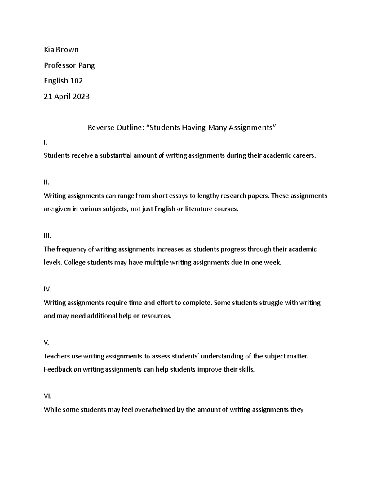 Reverse Outline for the Exploratory Essay - Kia Brown Professor Pang ...