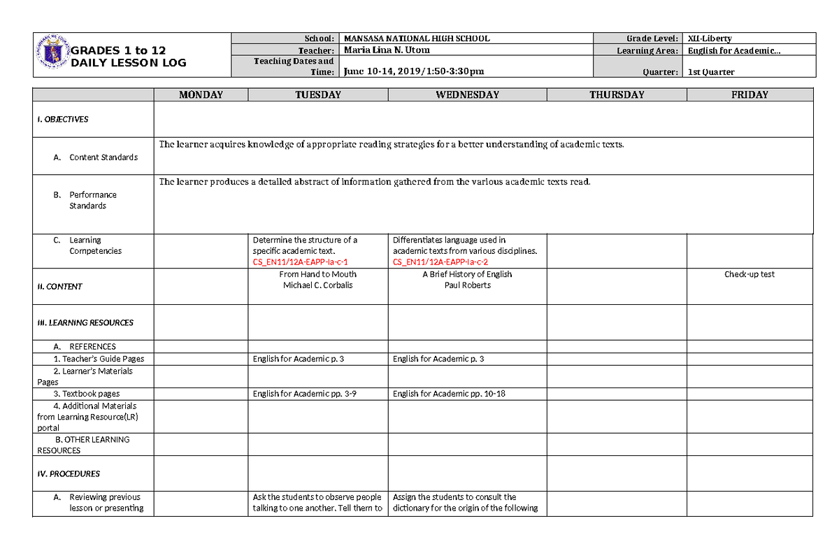 English for Academic 1st Quarter Wk. 2 - GRADES 1 to 12 DAILY LESSON ...