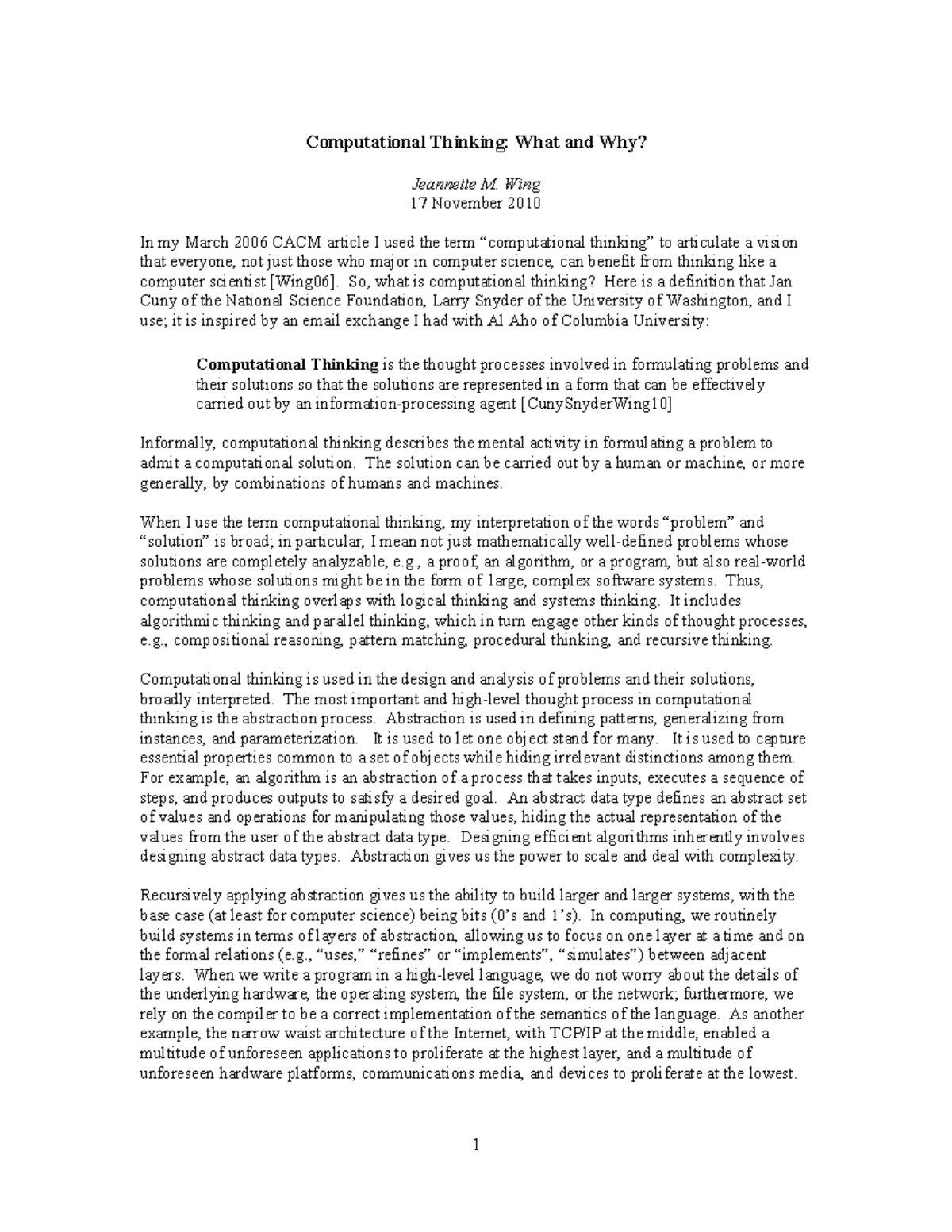 Computational thinking - reading 8 - Computational Thinking: What and ...