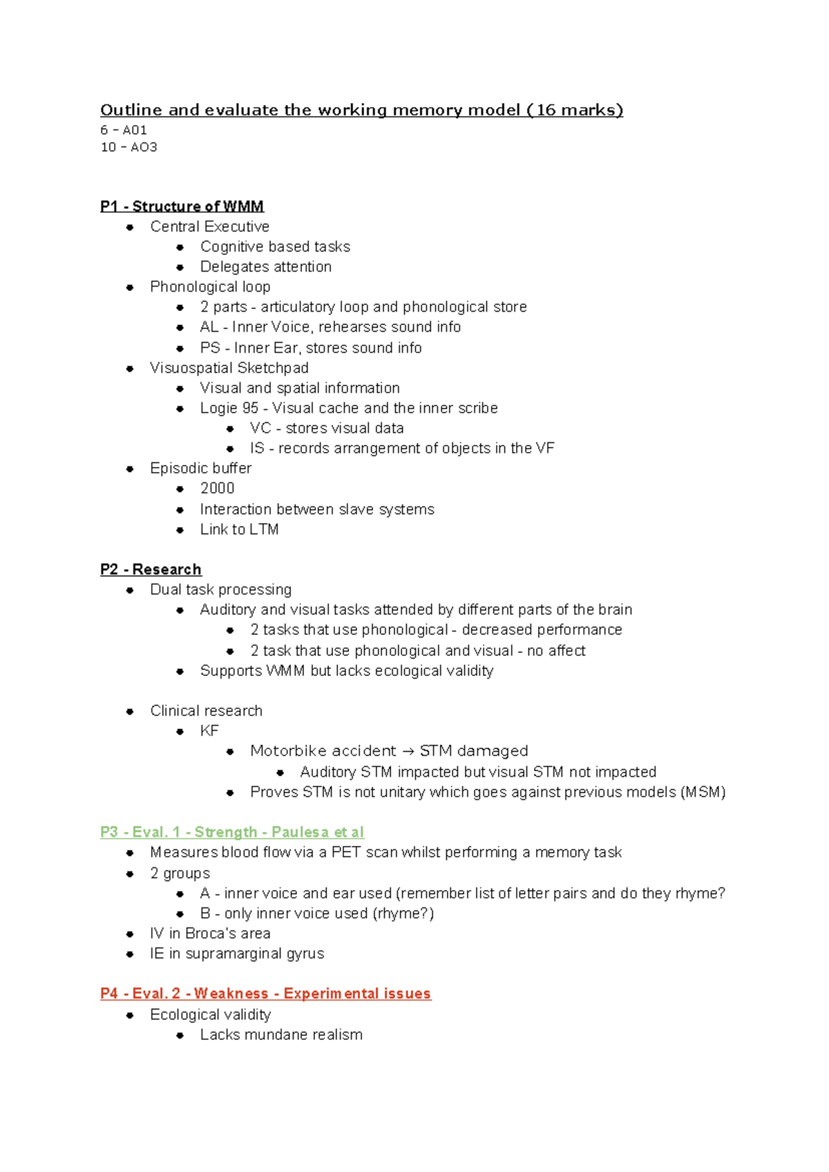 Working Model of Memory essay plan - Outline and evaluate the working ...