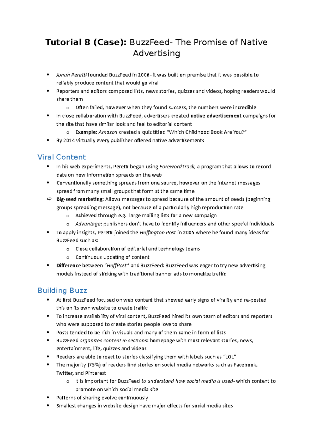 Tutorial 8 (Case Summary)- Buzz Feed - Tutorial 8 (Case): BuzzFeed- The ...