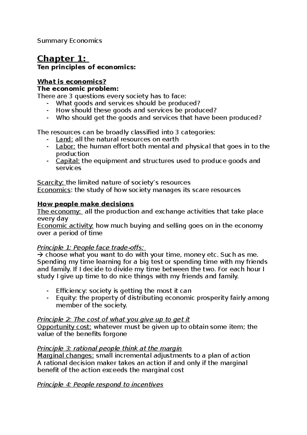 Summary Economics - Summary Economics Chapter 1: Ten principles of ...