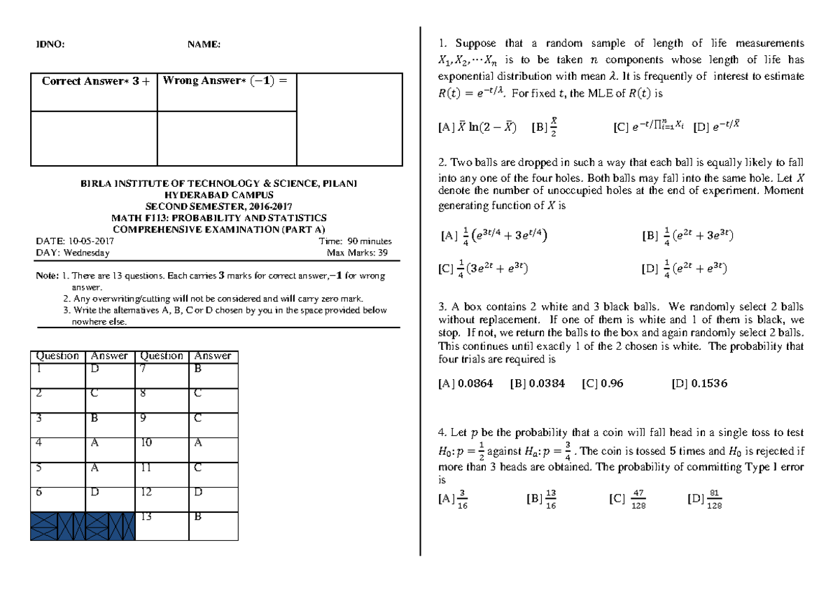 MATH F113 Compre Part-A-Key-1 - IDNO: NAME: Correct Answer ∗ 𝟑 + Wrong Answer ∗ (−𝟏) = BIRLA ...