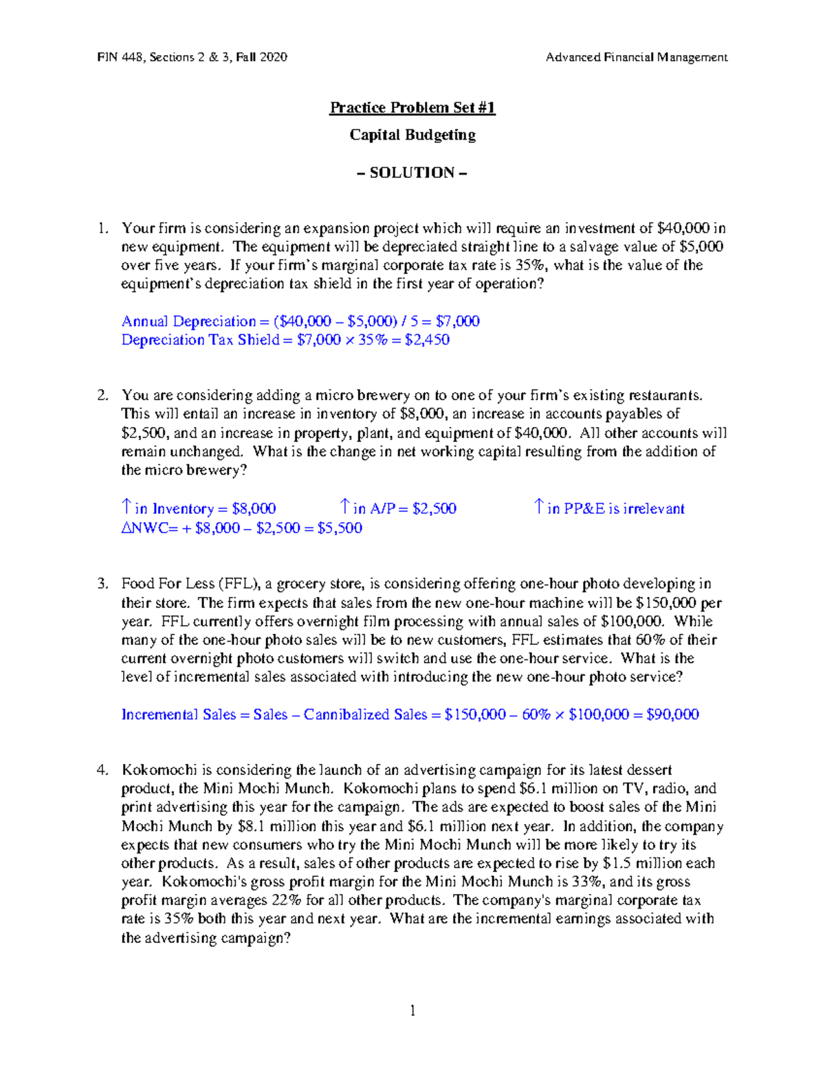 FIN448 PPS 1 Capital Budgeting FL20 Solution - Practice Problem Set ...
