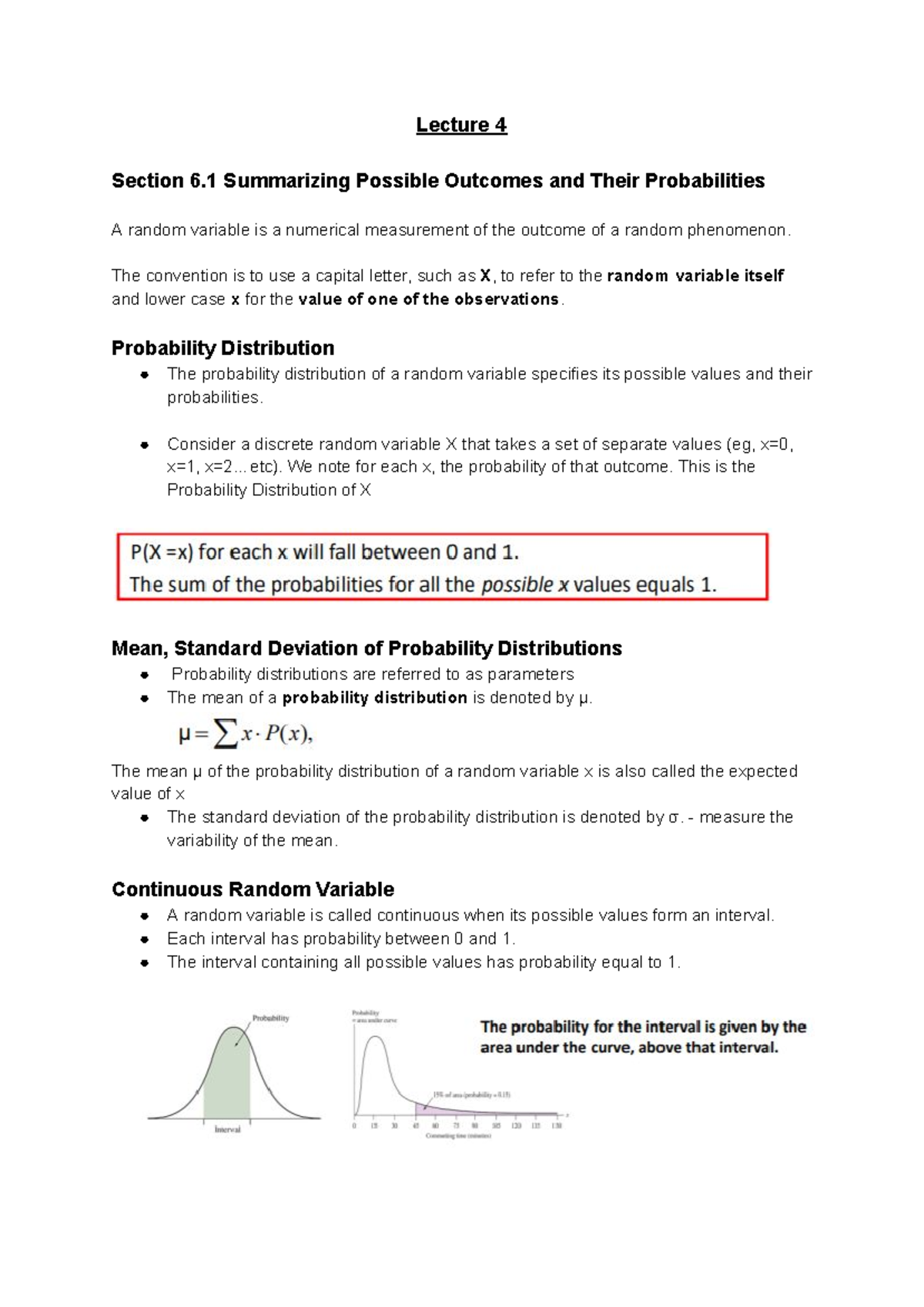 Lecture 4 - Lecture 4 Section 6 Summarizing Possible Outcomes and Their Probabilities A random ...