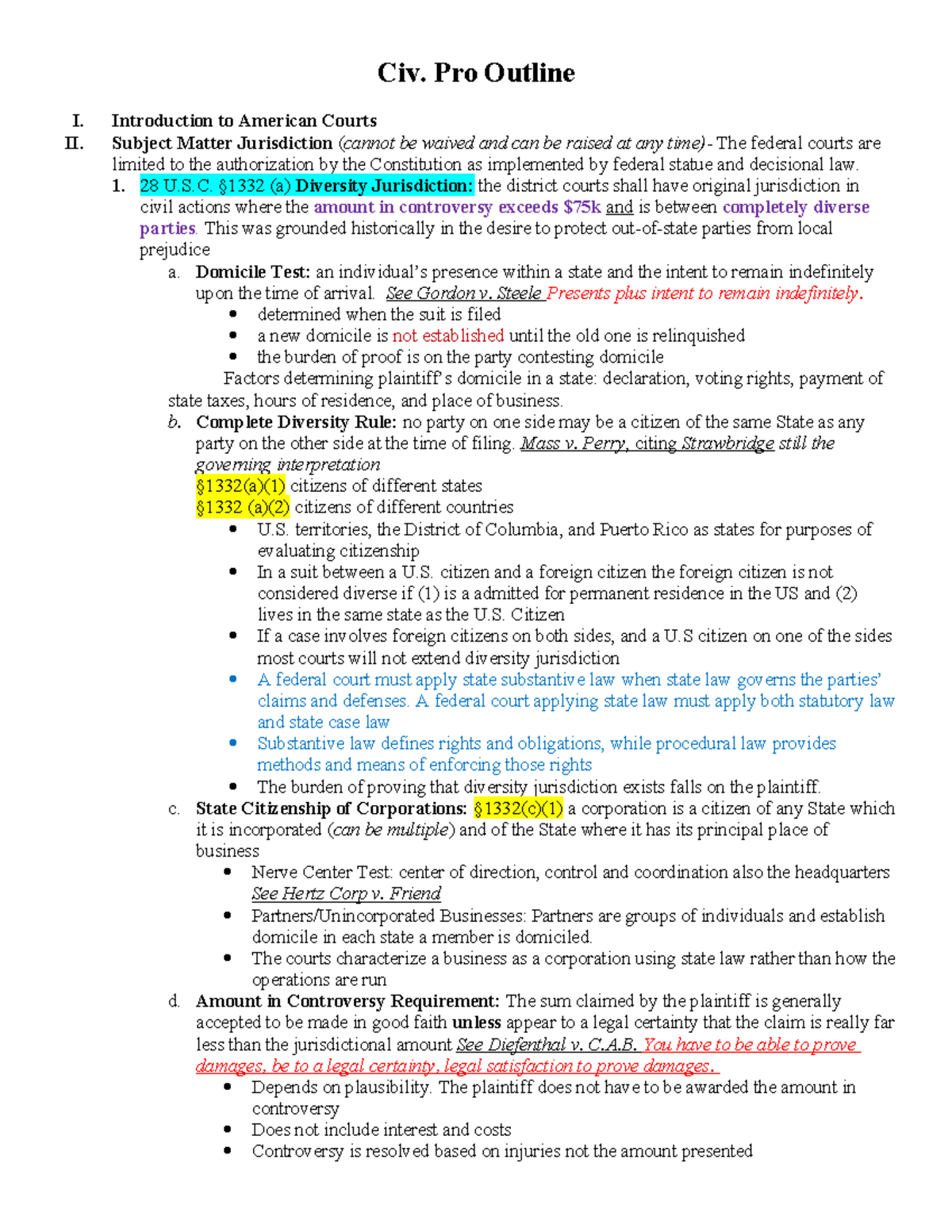 Civ Pro Outline - Civ. Pro Outline I. Introduction to American Courts ...