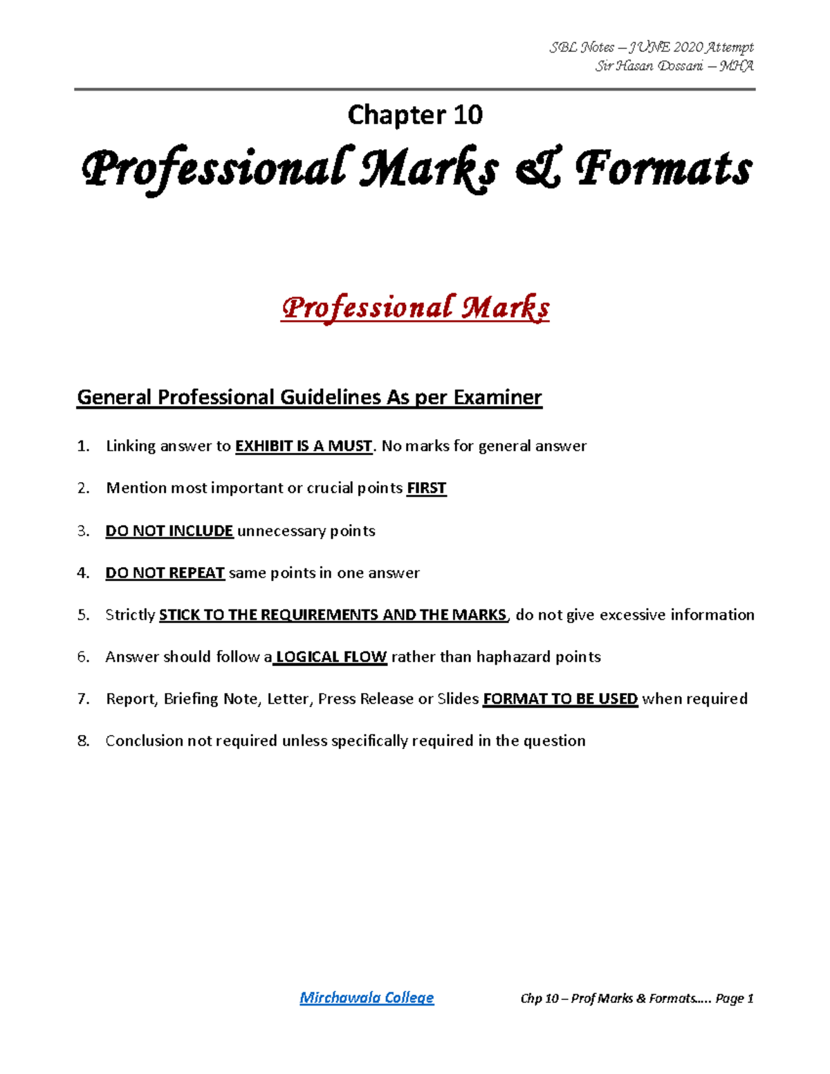 Chp 10 - Professional Skills Formats (SBL Notes by Sir Hasan Dossani ...