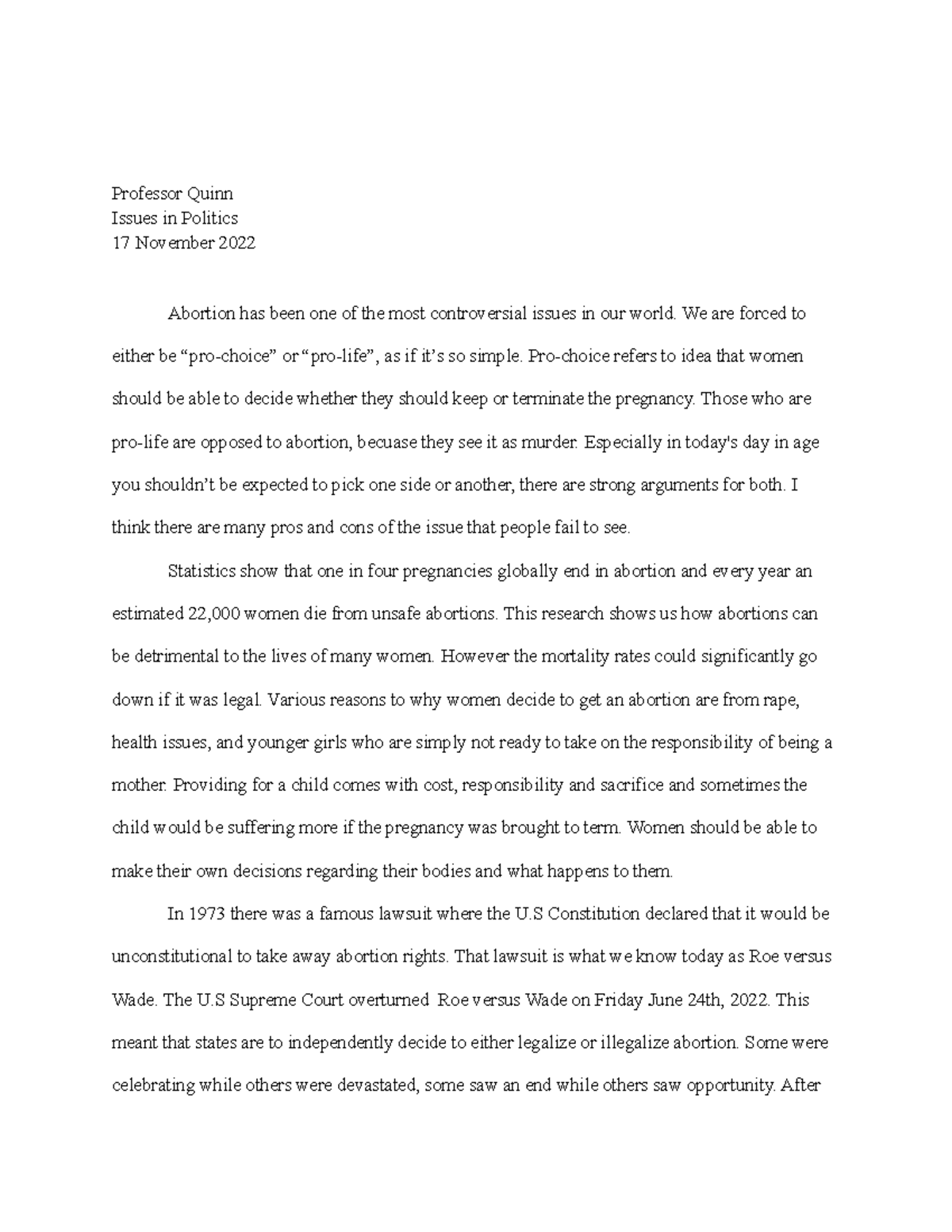 Position Paper - Professor Quinn - Professor Quinn Issues in Politics ...