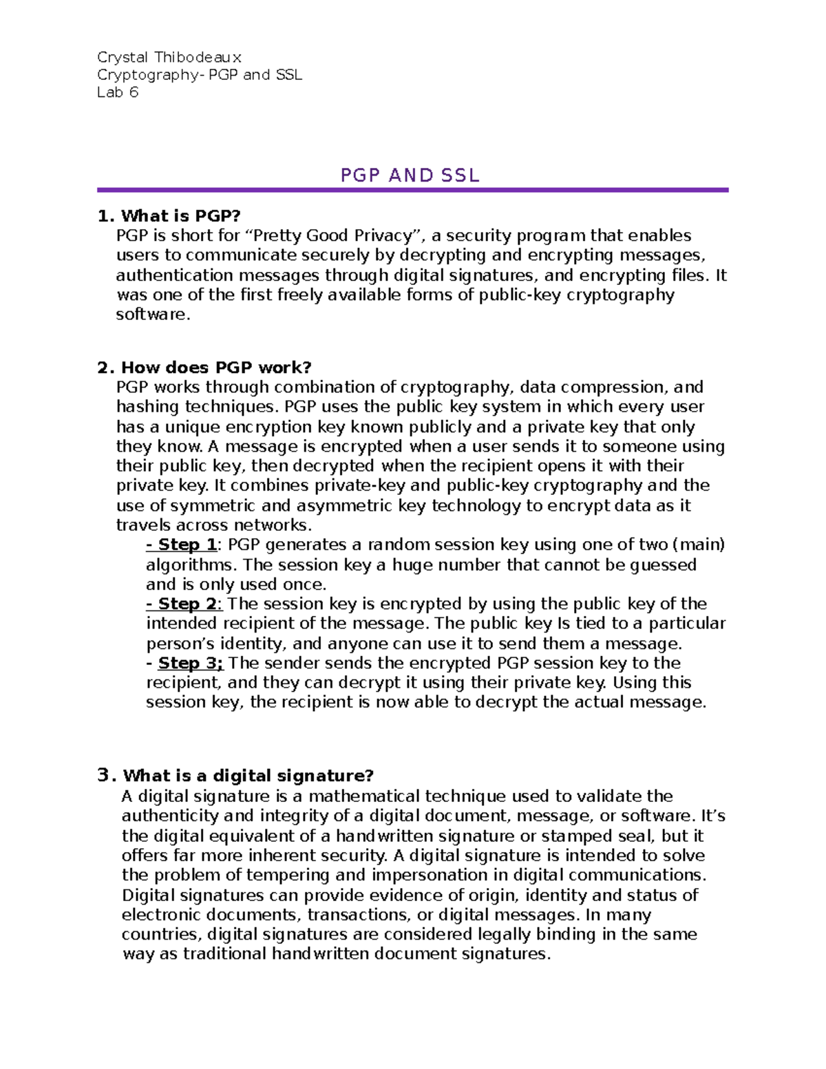 CTI2318 2003 LAB6 Crystal Thibodeaux - Crystal Thibodeaux Cryptography- PGP and SSL Lab 6 PGP ...