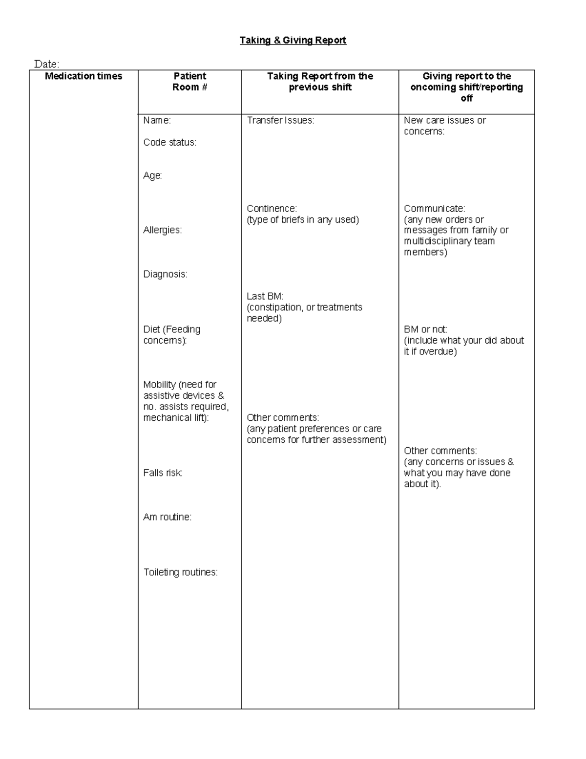 Weekly TOA Assignment sheets - Taking & Giving Report Date: Medication ...